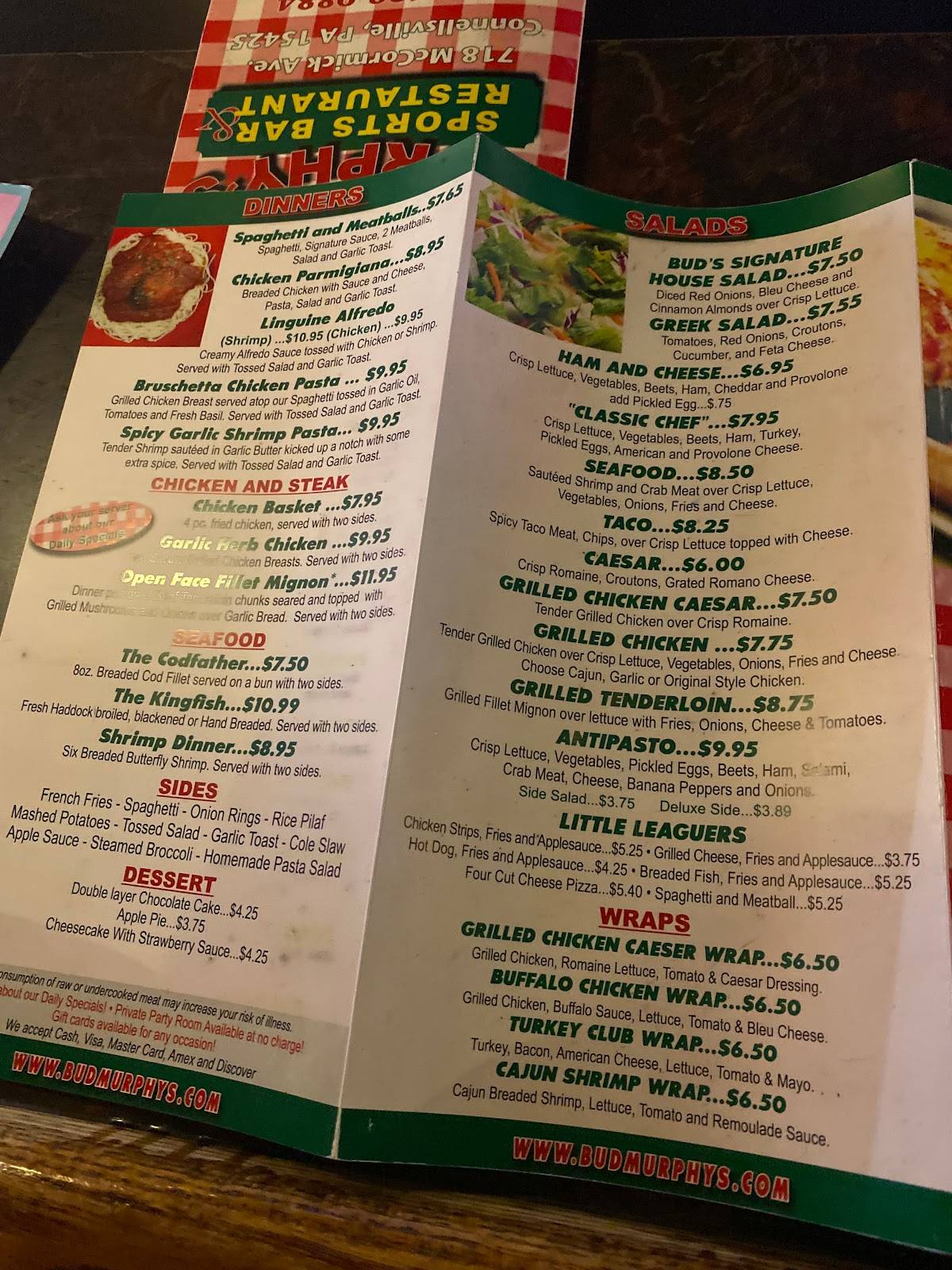 Menu at Bud Murphy's pizzeria, Connellsville