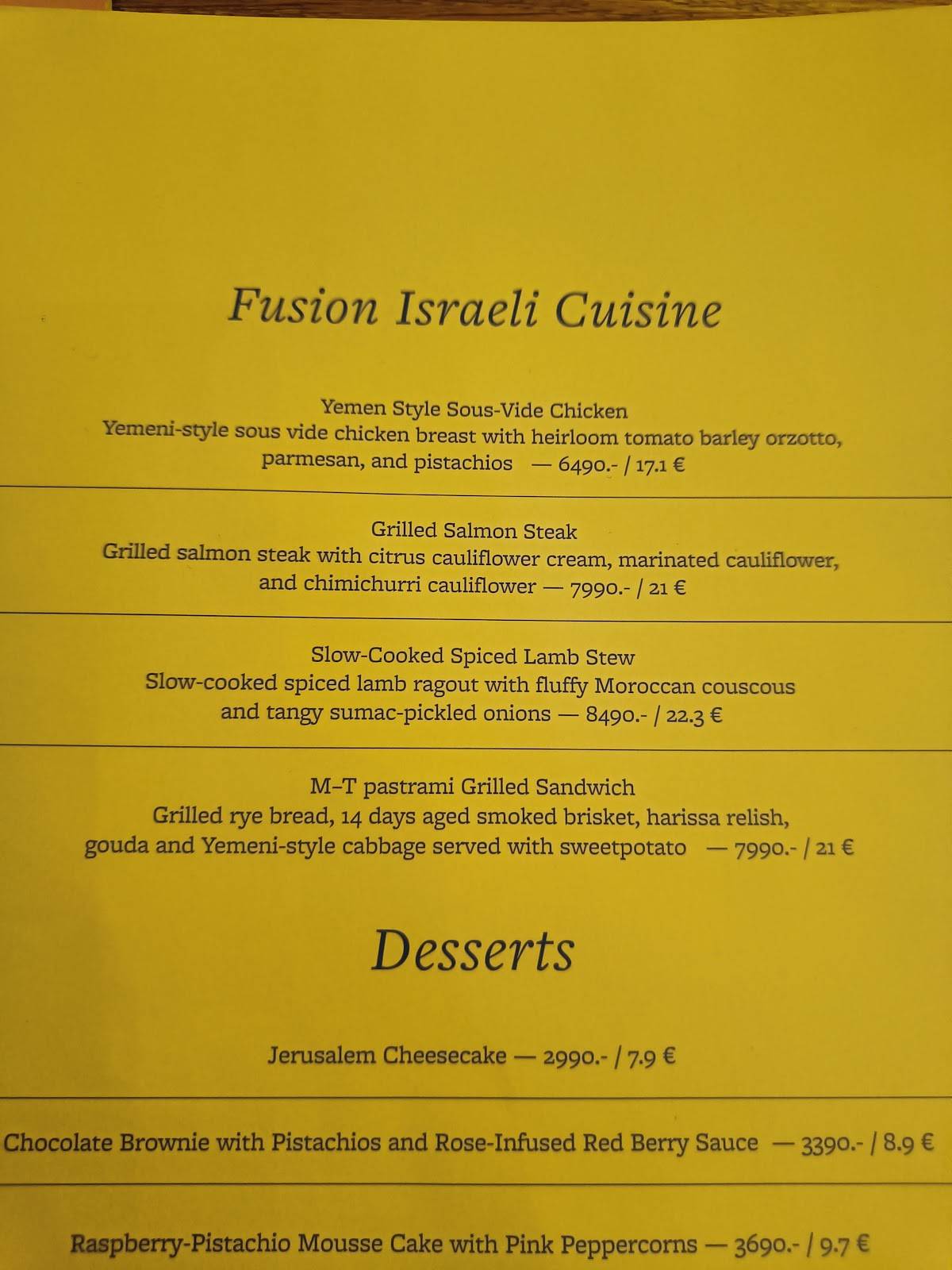 Menu at Mazel Tov restaurant, Budapest