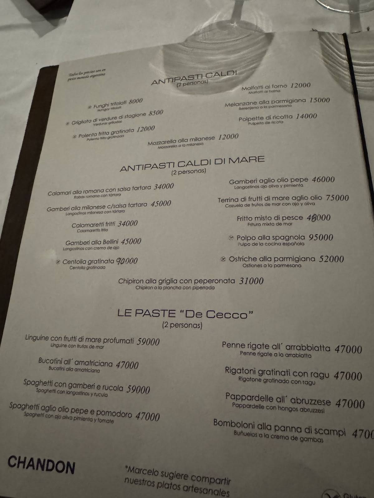 Carta del restaurante Marcelo Cocina Italiana, Buenos Aires, Av. Alicia ...