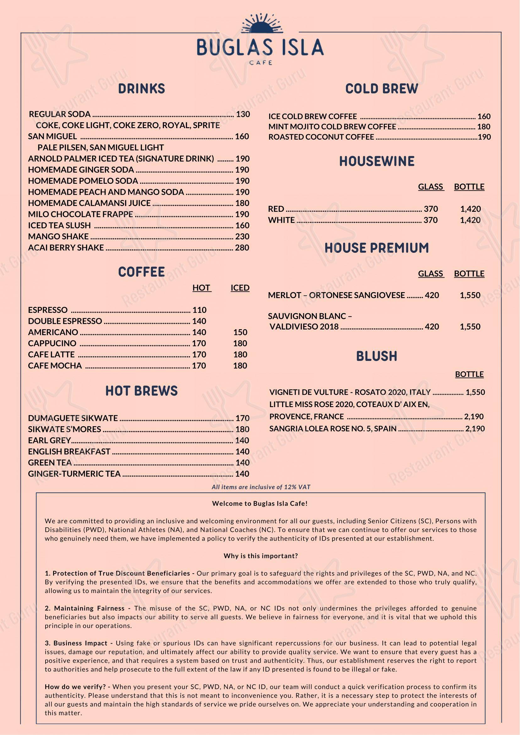 Menu at Buglas Isla Cafe Dumaguete, Dumaguete, Ground Floor