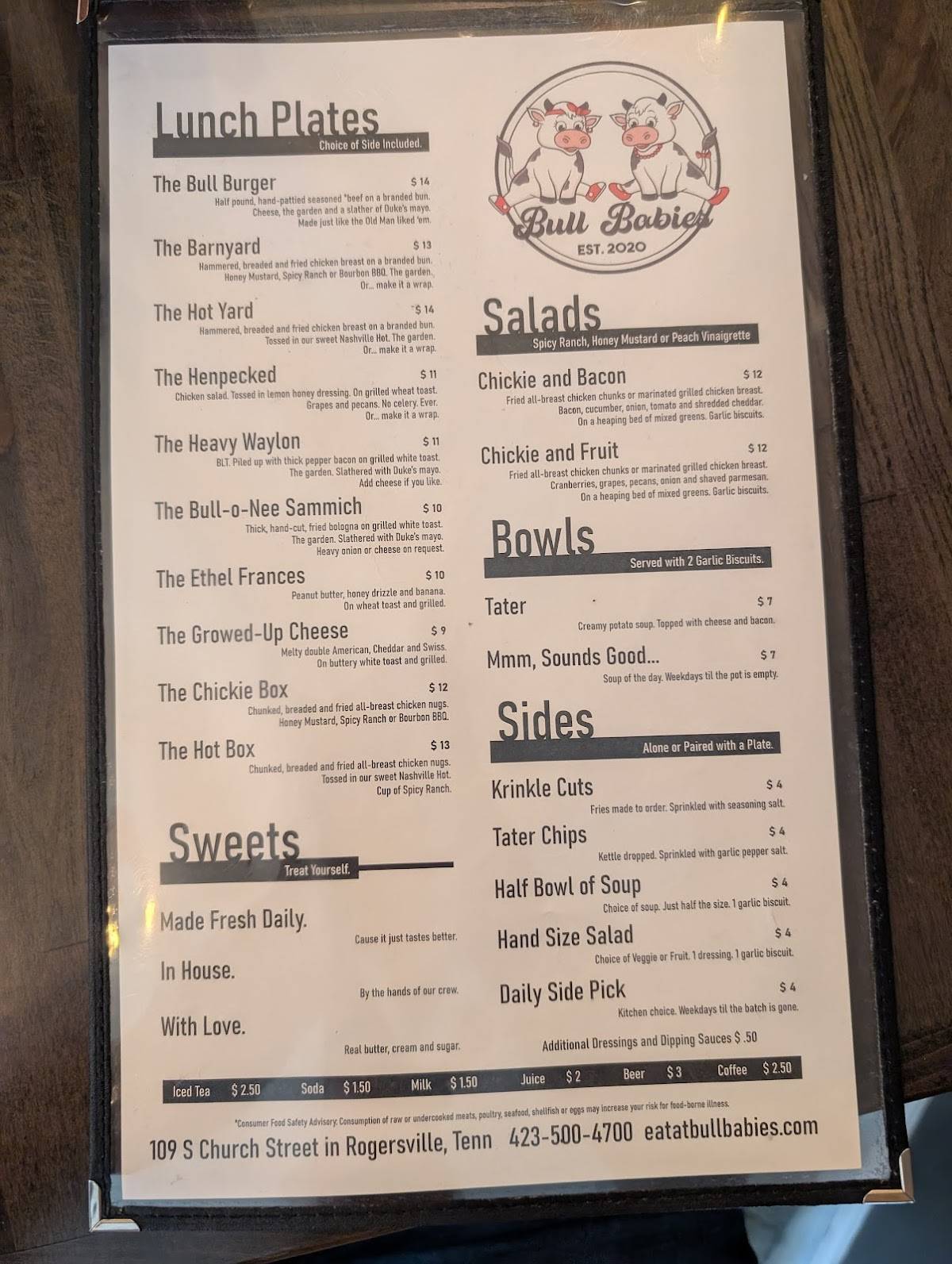 Menu at Bull Babies desserts, Rogersville