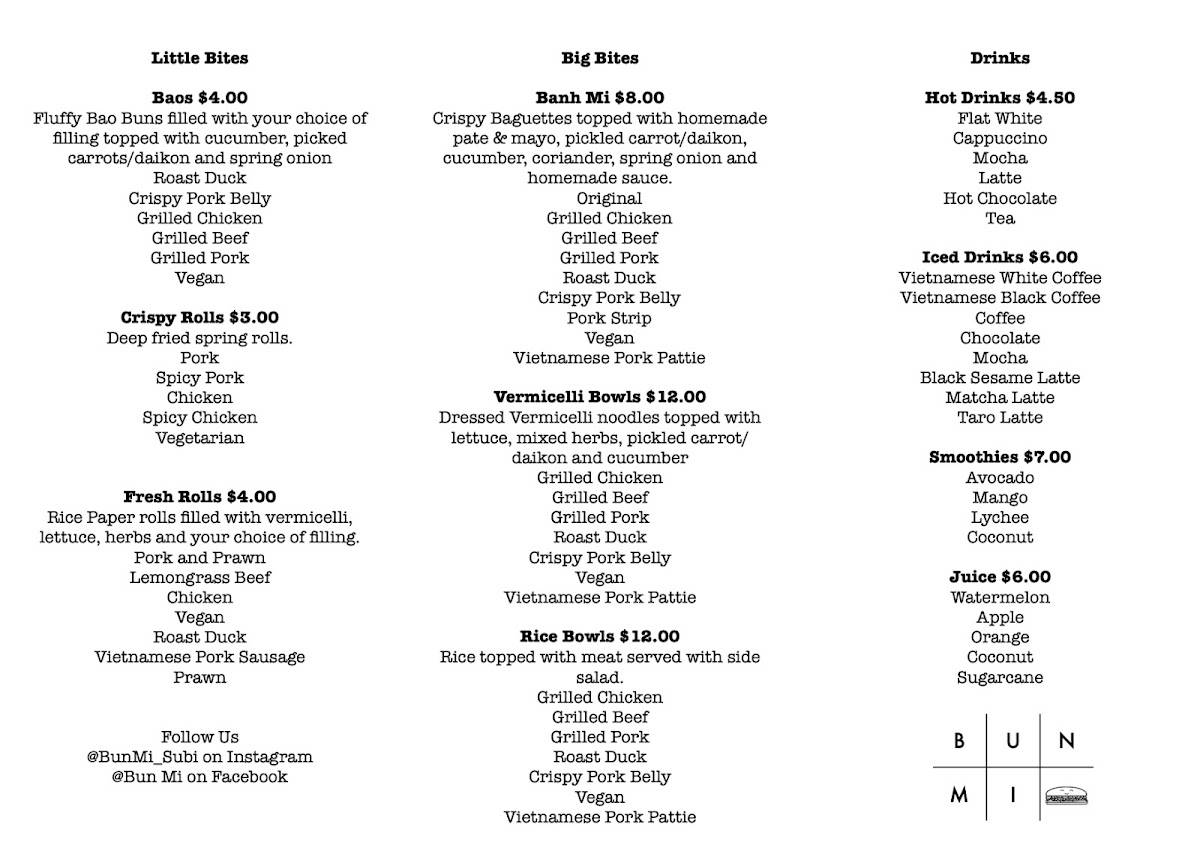 Menu at Bun Mi restaurant, Subiaco