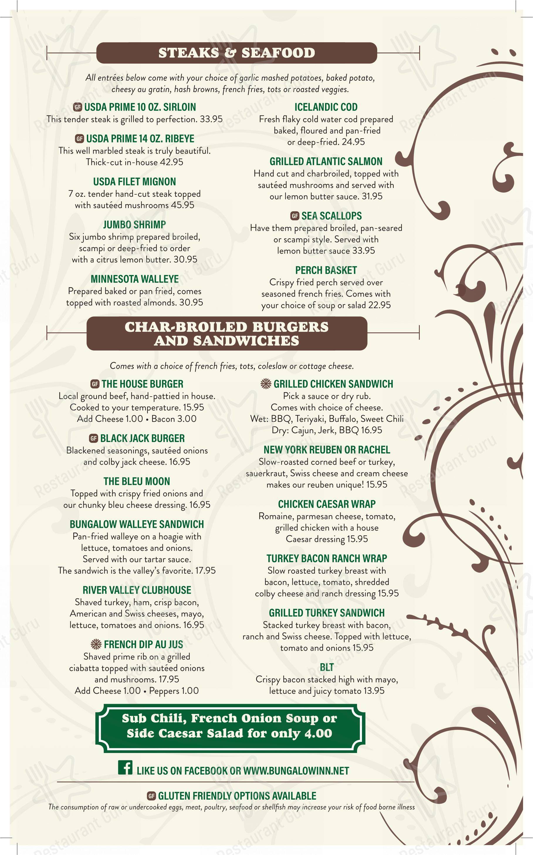 Menu at Bungalow Inn pub & bar, Lakeland