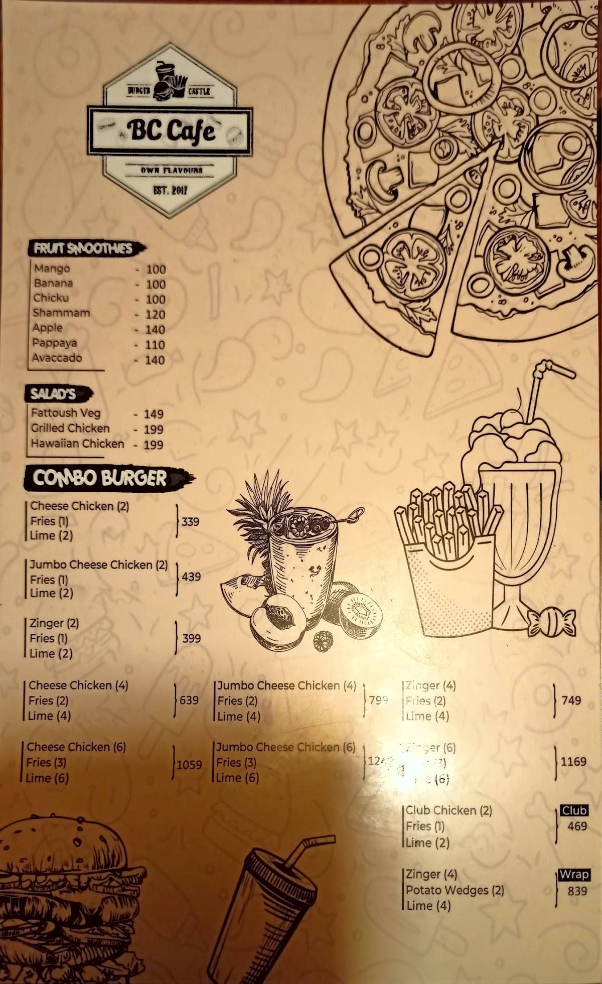 Menu at Burger Castle BC Cafe, Thrissur, G6FC+5GQ