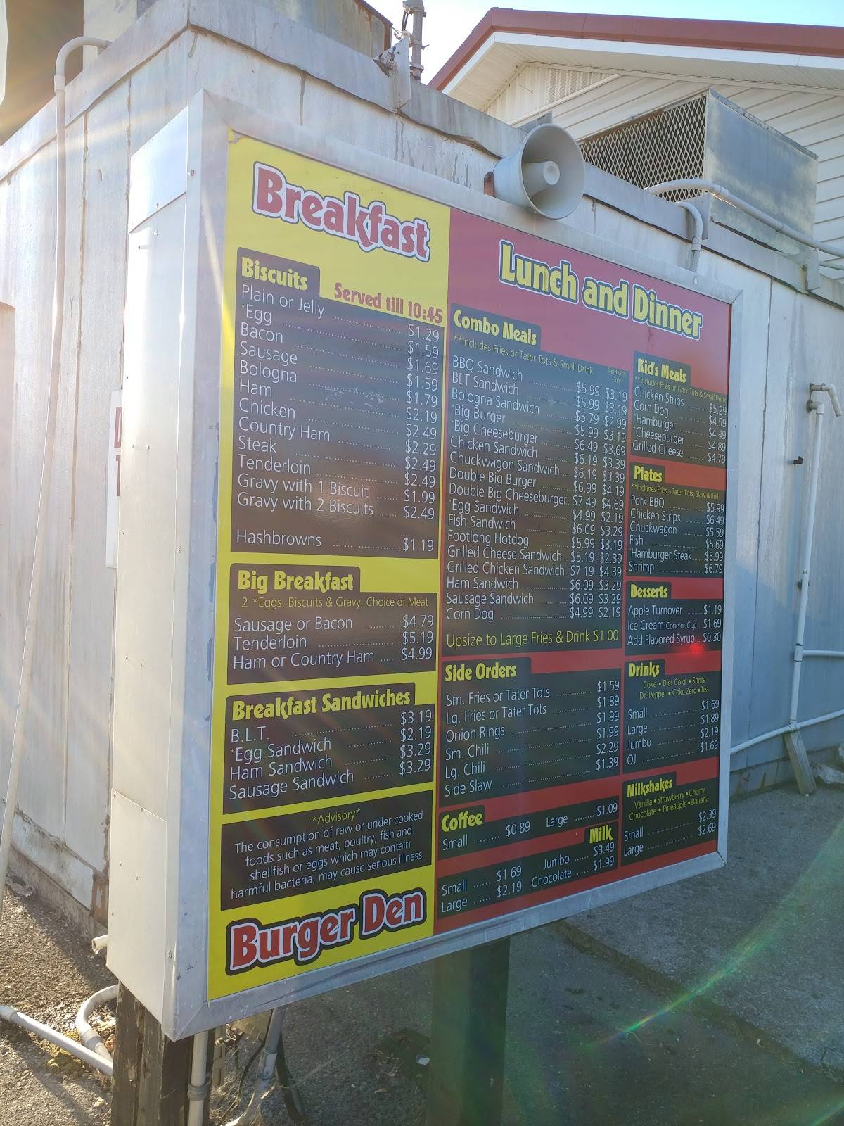 Menu at Burger Den restaurant, Cohutta, 160 GA-2