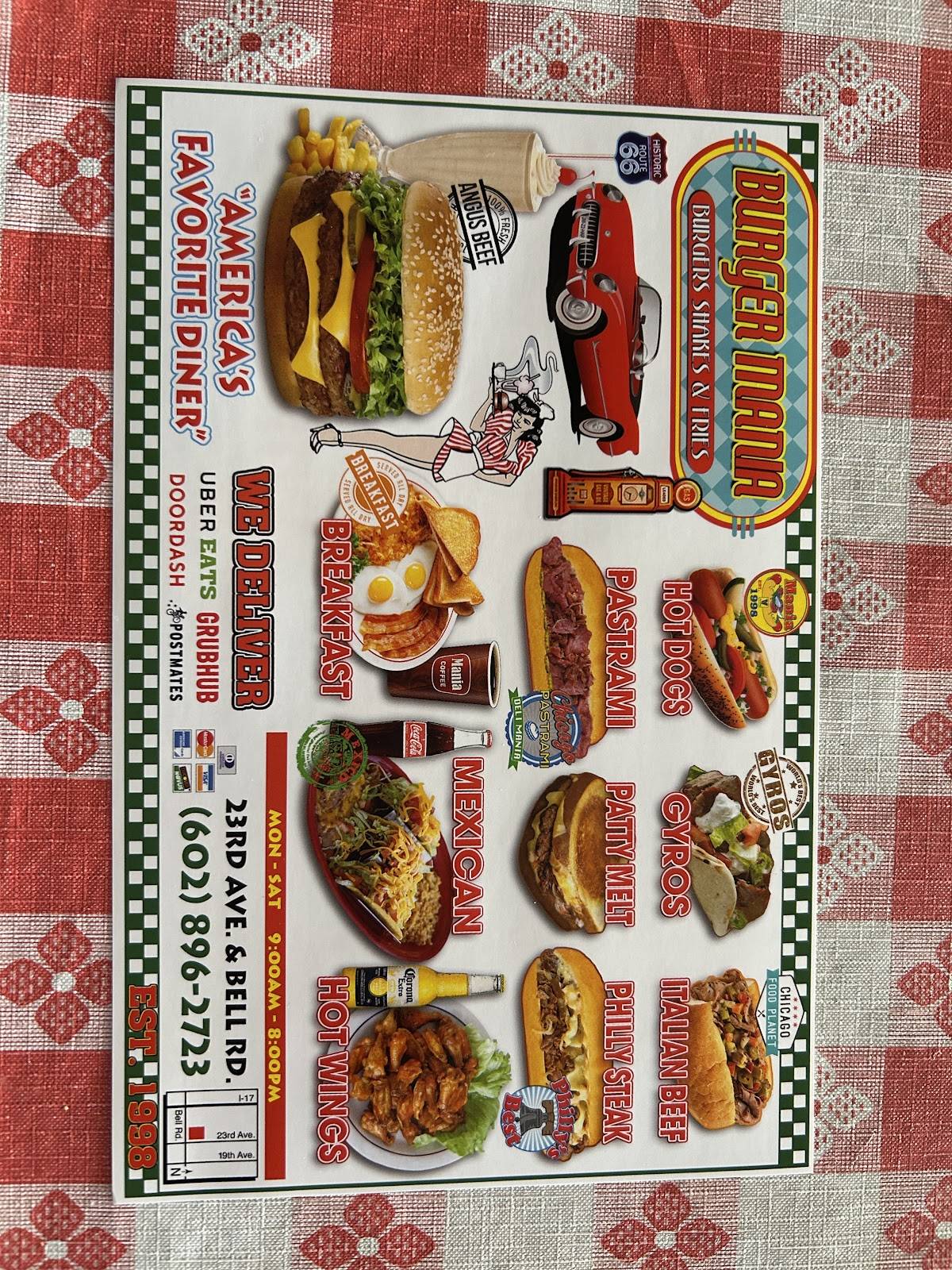 Menu at Burger Mania restaurant, Phoenix