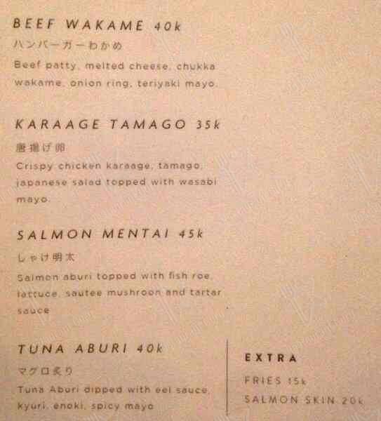 Menu at Burgushi restaurant, South Jakarta, Jl. Suryo No.49