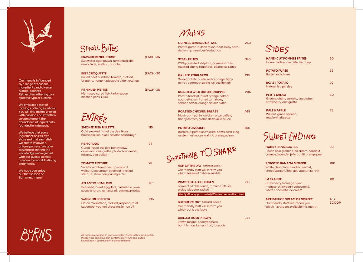 Menu at Burns restaurant, South Jakarta