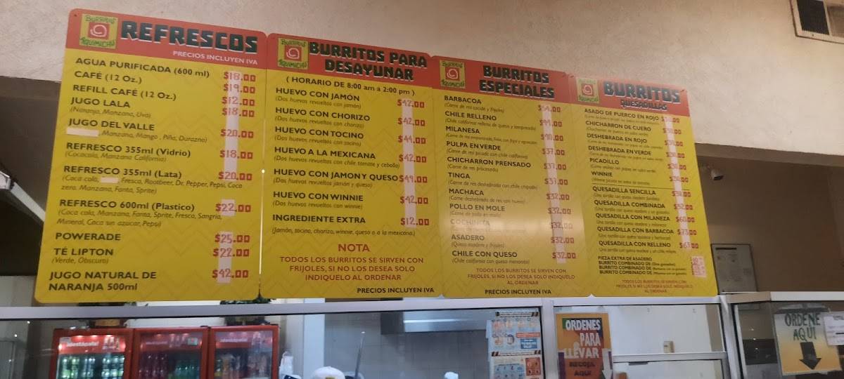 Menu at Burritos Aquimichú restaurant, Ciudad Juarez