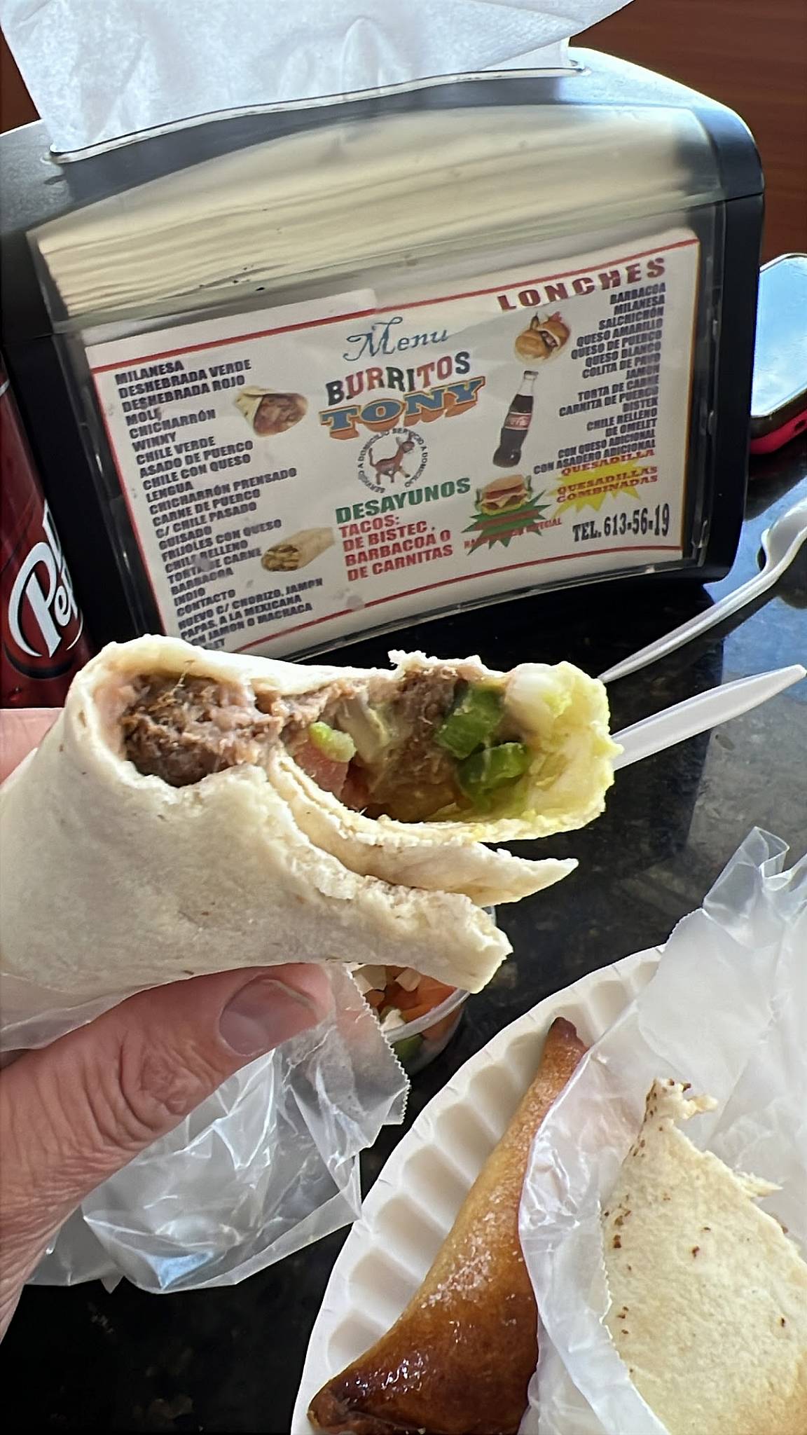 Menu at Burritos Tony restaurant, Ciudad Juarez, G. M. Solis 315