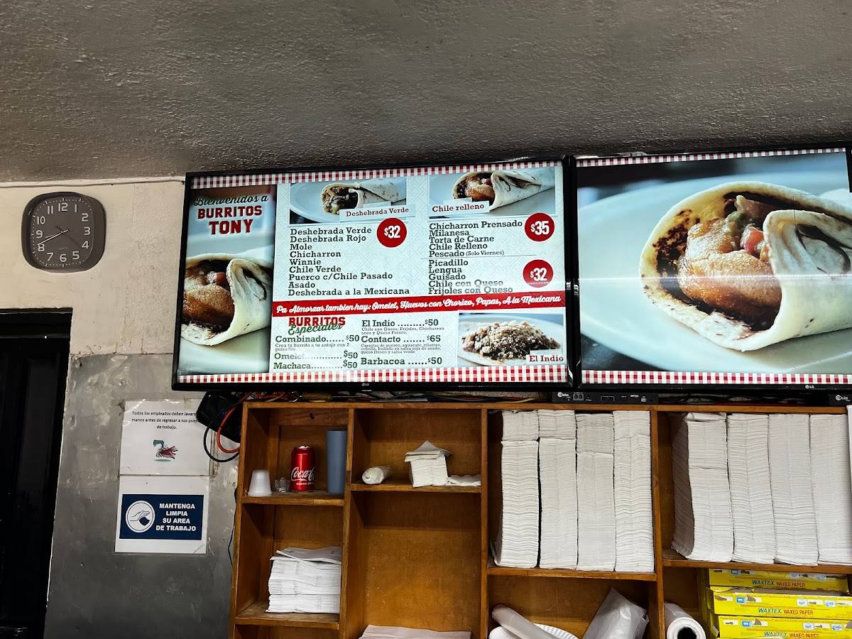 Menu at Burritos Tony restaurant, Ciudad Juarez, G. M. Solis 315