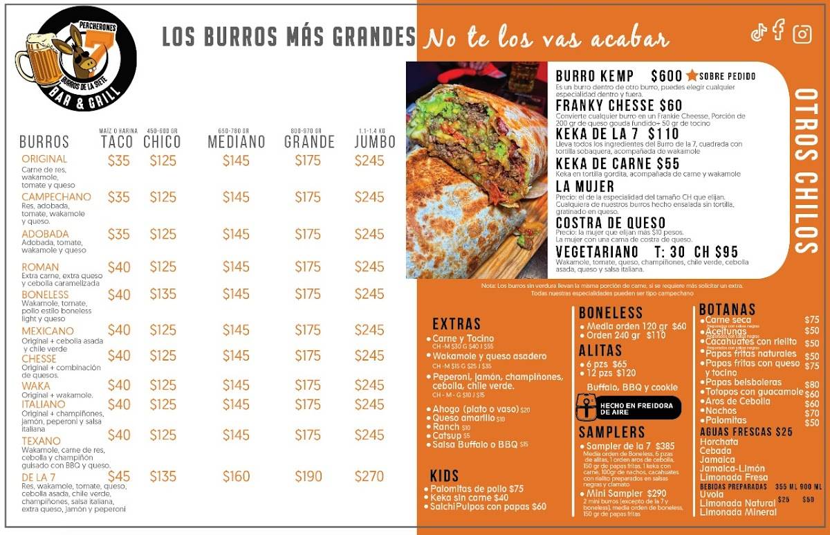 Carta de Burros de la 7 percherones & Bar, Hermosillo
