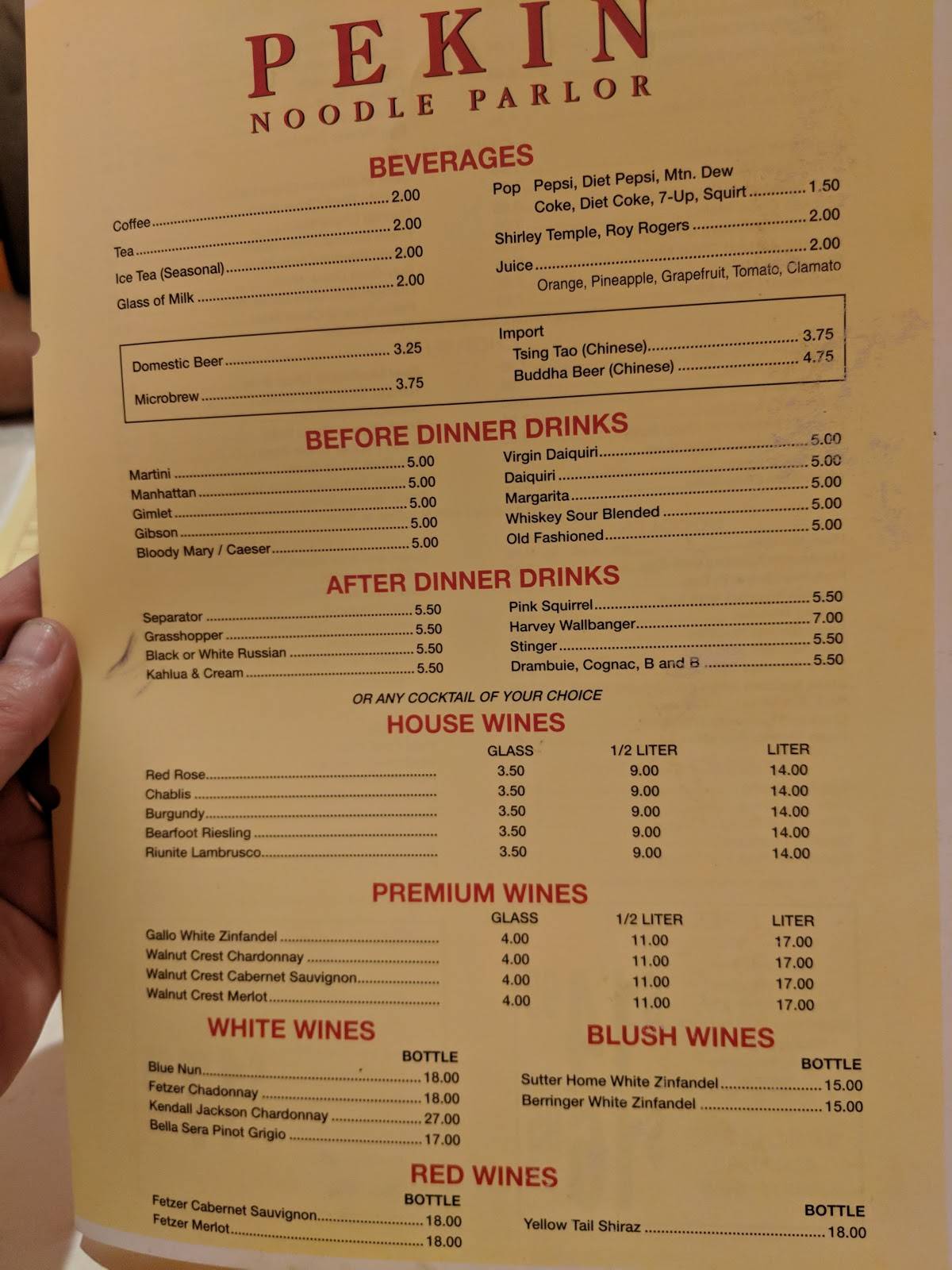 Menu at Pekin Noodle Parlor restaurant, Butte