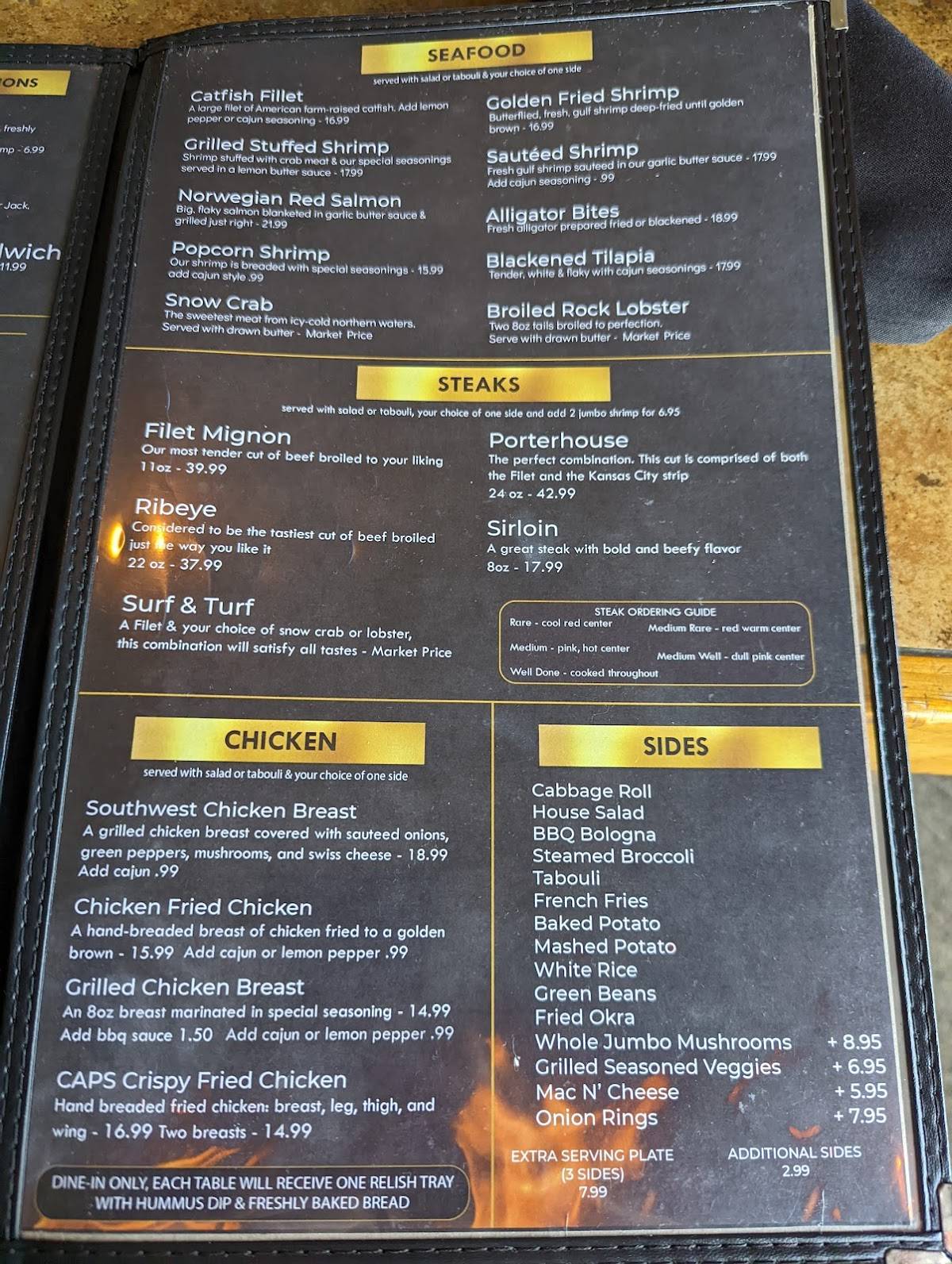 Menu at CAPS Steakhouse, Mannford, 68 Industrial Dr