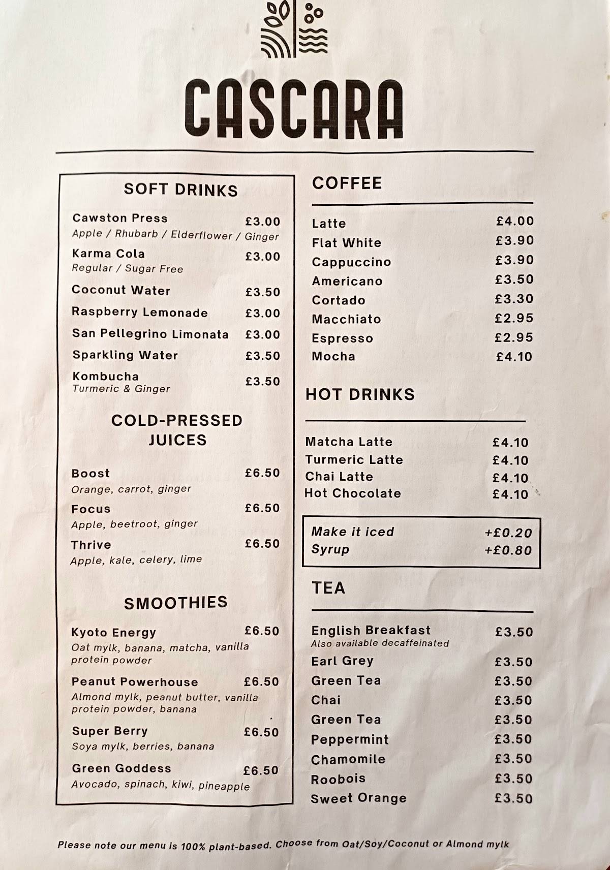 Menu at CASCARA pub & bar, Bath