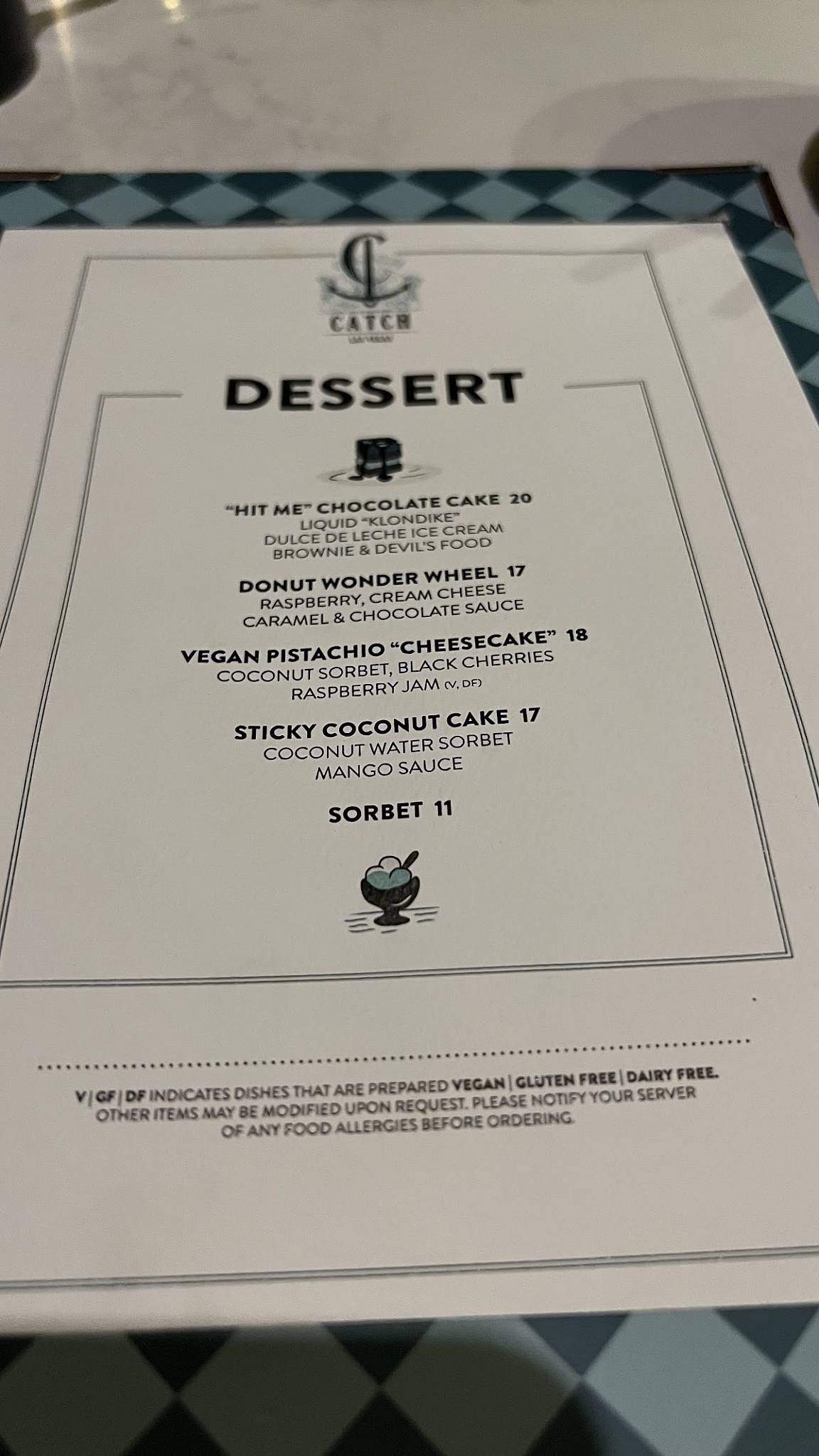 Menu at CATCH restaurant, Las Vegas