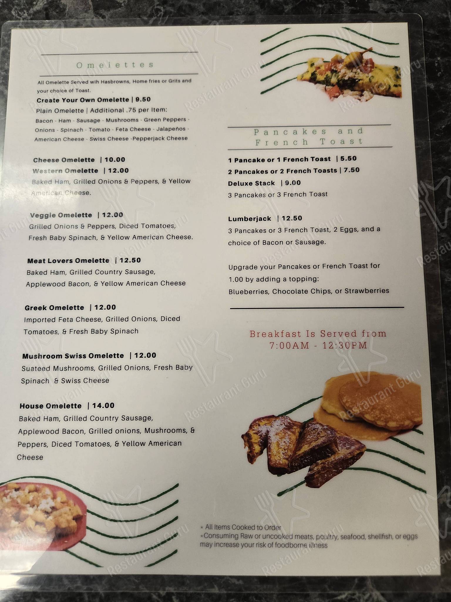 Menu at CA's Diner restaurant, Weaverville