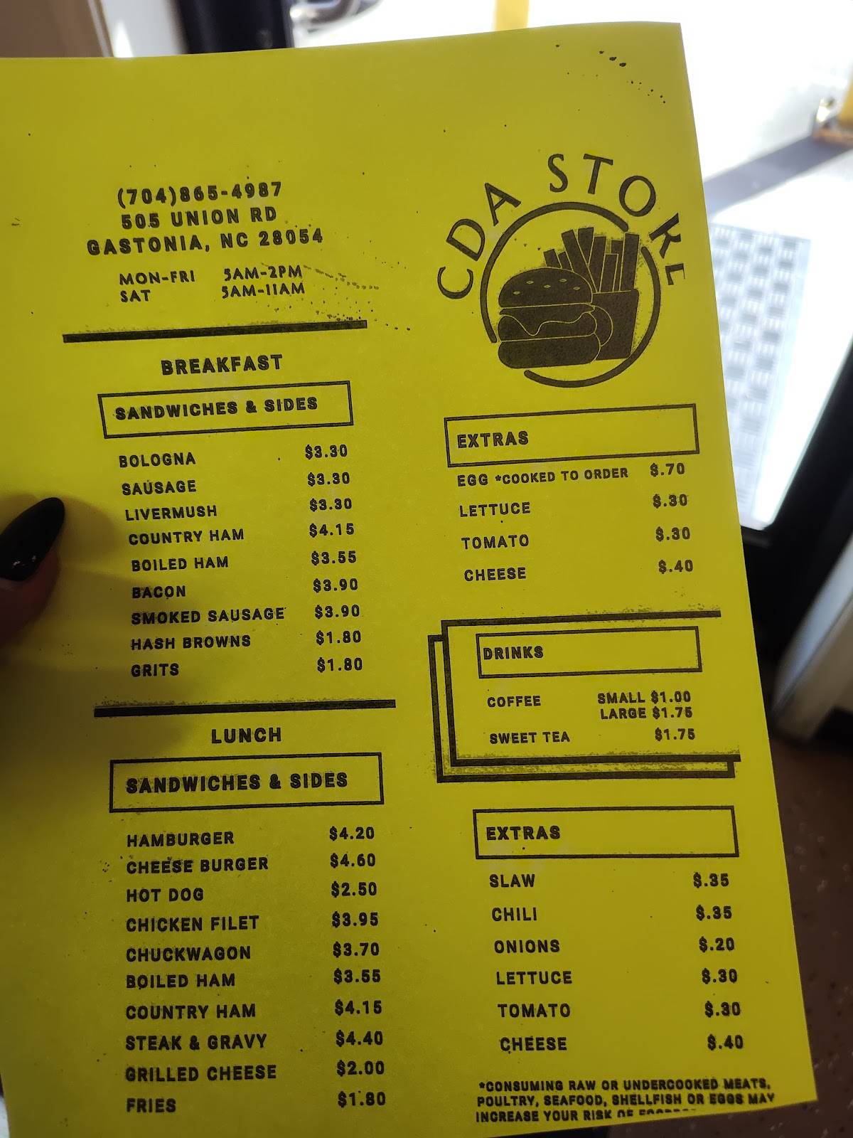 Menu at CDA Store restaurant, Gastonia, 505 Union Rd