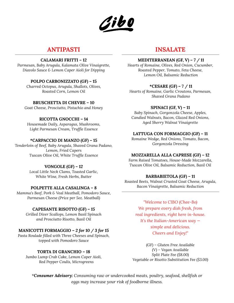 Menu at CIBO Italian Restaurant & Bar, Fort Myers