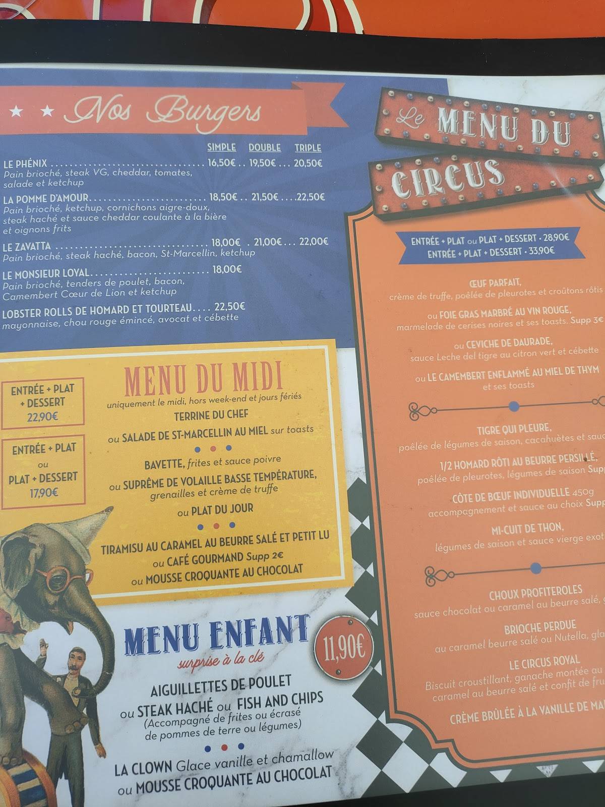 Menu au Circus restaurant, Sainte-Luce-sur-Loire