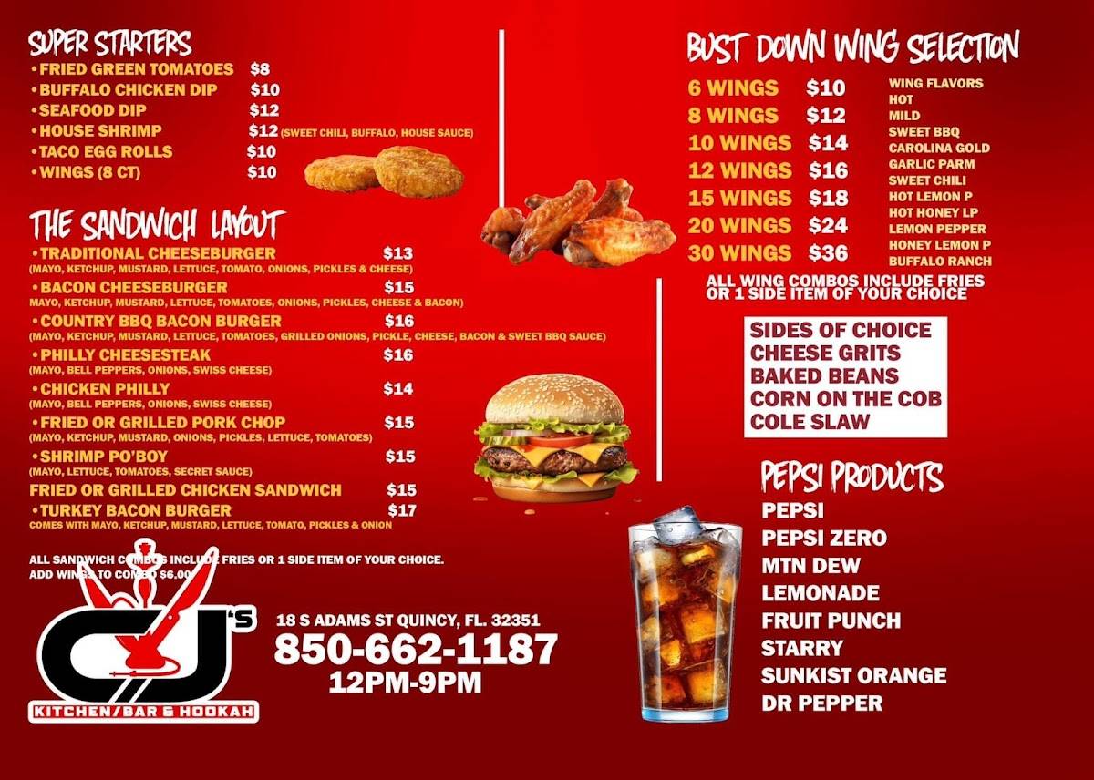 Menu at CJ’s Kitchen • Bar & Hookah, Quincy