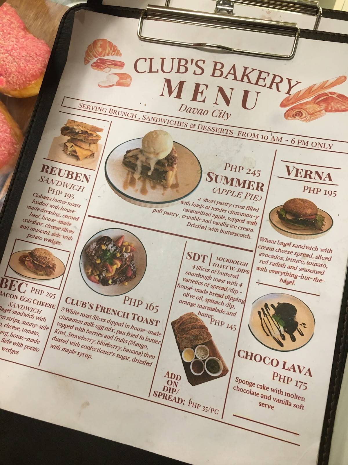 Menu at Club’s Bakery, Davao City