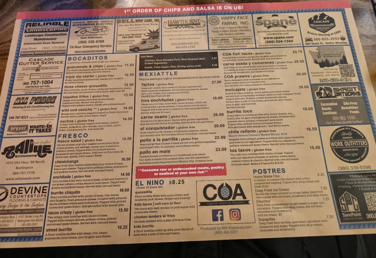 Menu at COA Mexican Eatery & Tequileria MV pub & bar, Mount Vernon ...