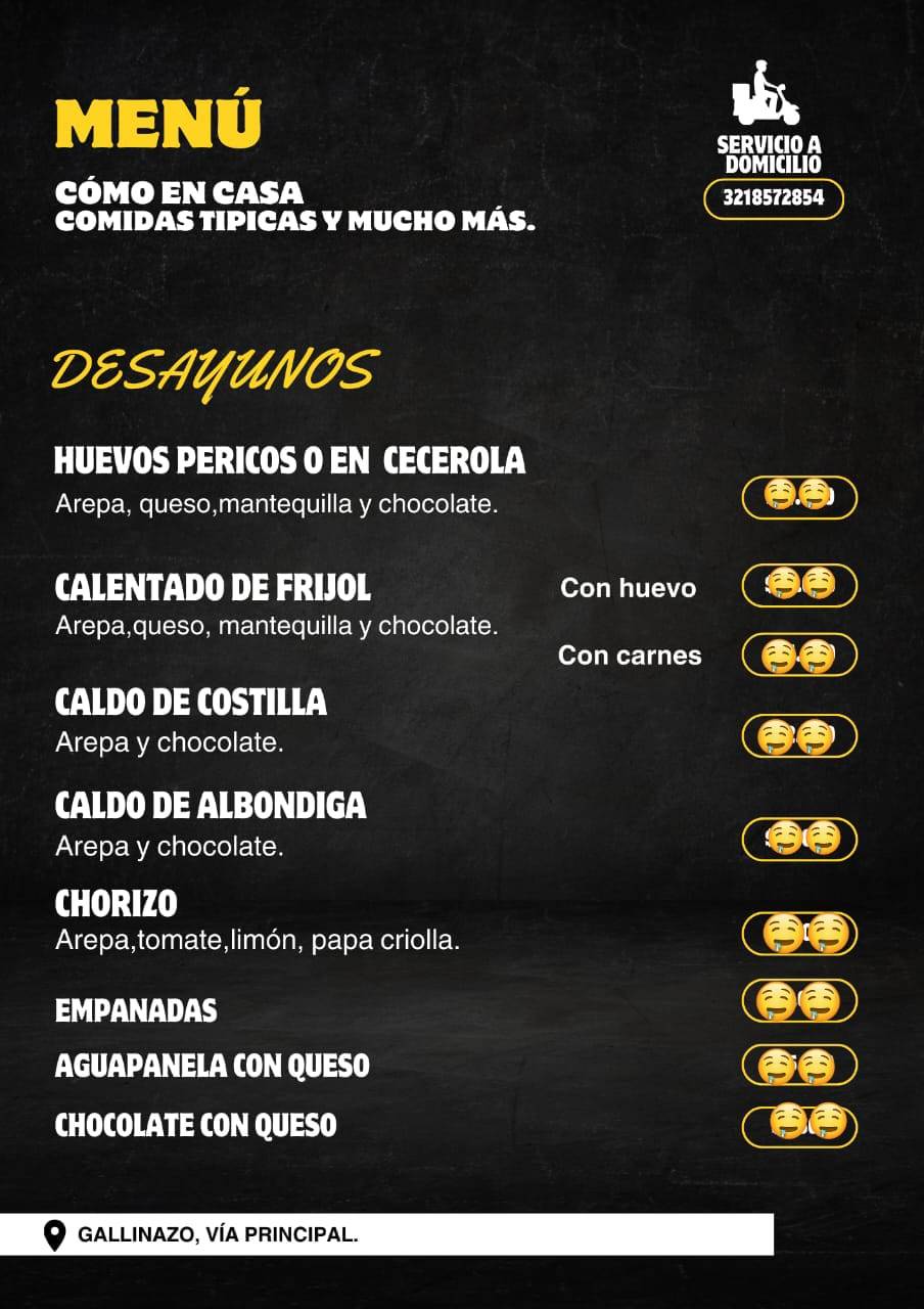 Menu at COMO EN CASA COMIDAS típicas y mucho más restaurant, Gallinazo
