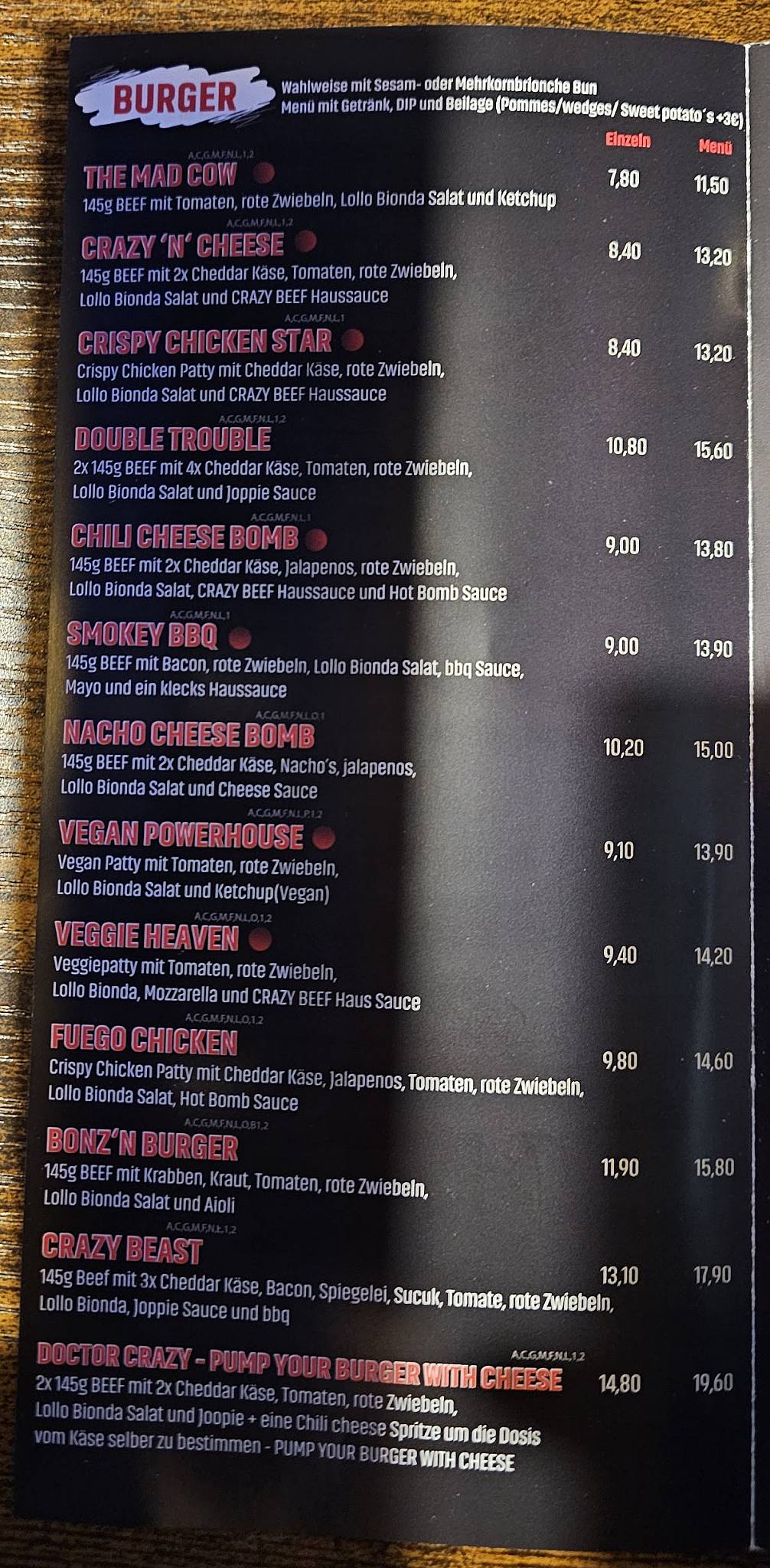 Speisekarte von CRAZY BEEF restaurant, Mülheim an der Ruhr