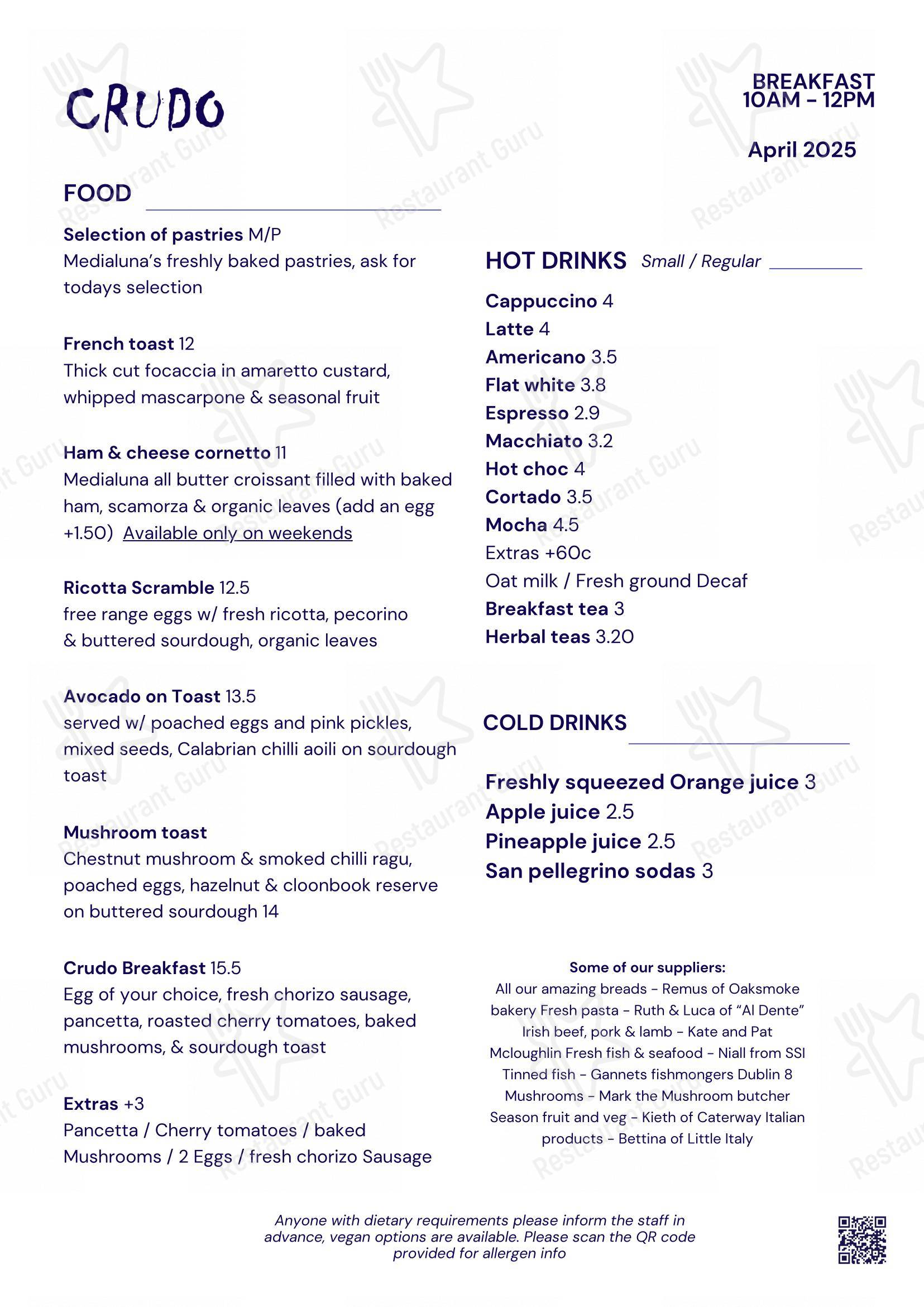 Menu at CRUDO restaurant, Dublin