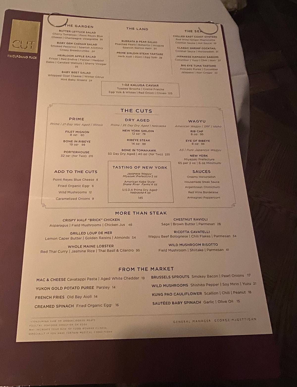 Menu at CUT by Wolfgang Puck steakhouse, New York City