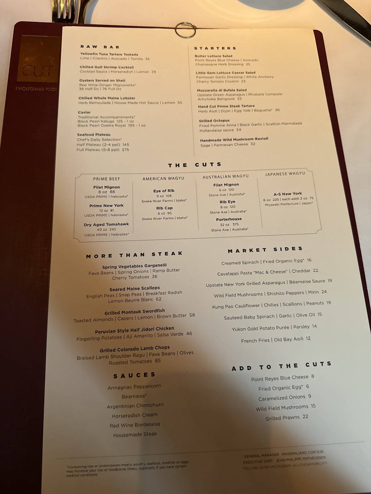 Menu at CUT by Wolfgang Puck steakhouse, New York City