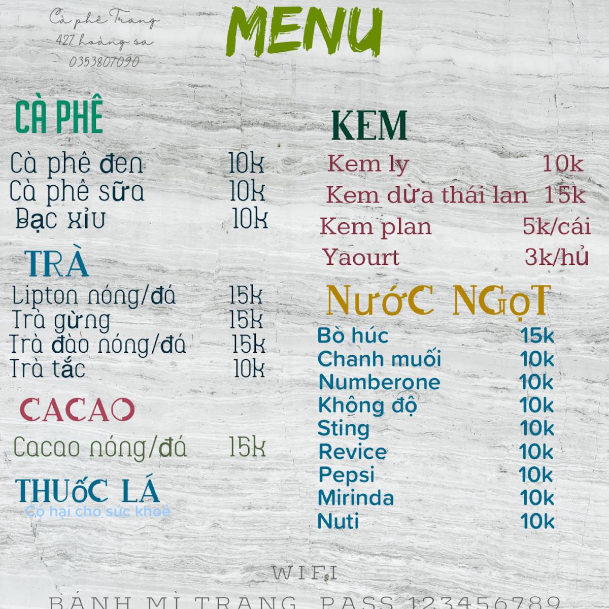 Menu at Cà phê Trang, Pleiku