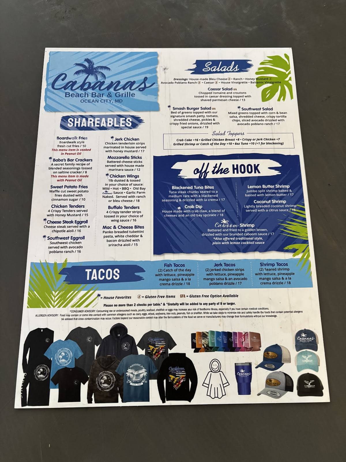 Menu at Cabanas Beach Bar & Grille, Ocean City