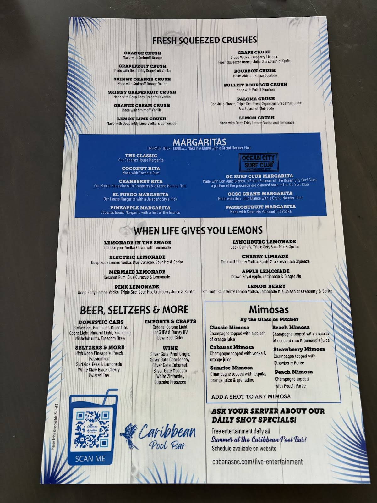 Menu at Cabanas Beach Bar & Grille, Ocean City