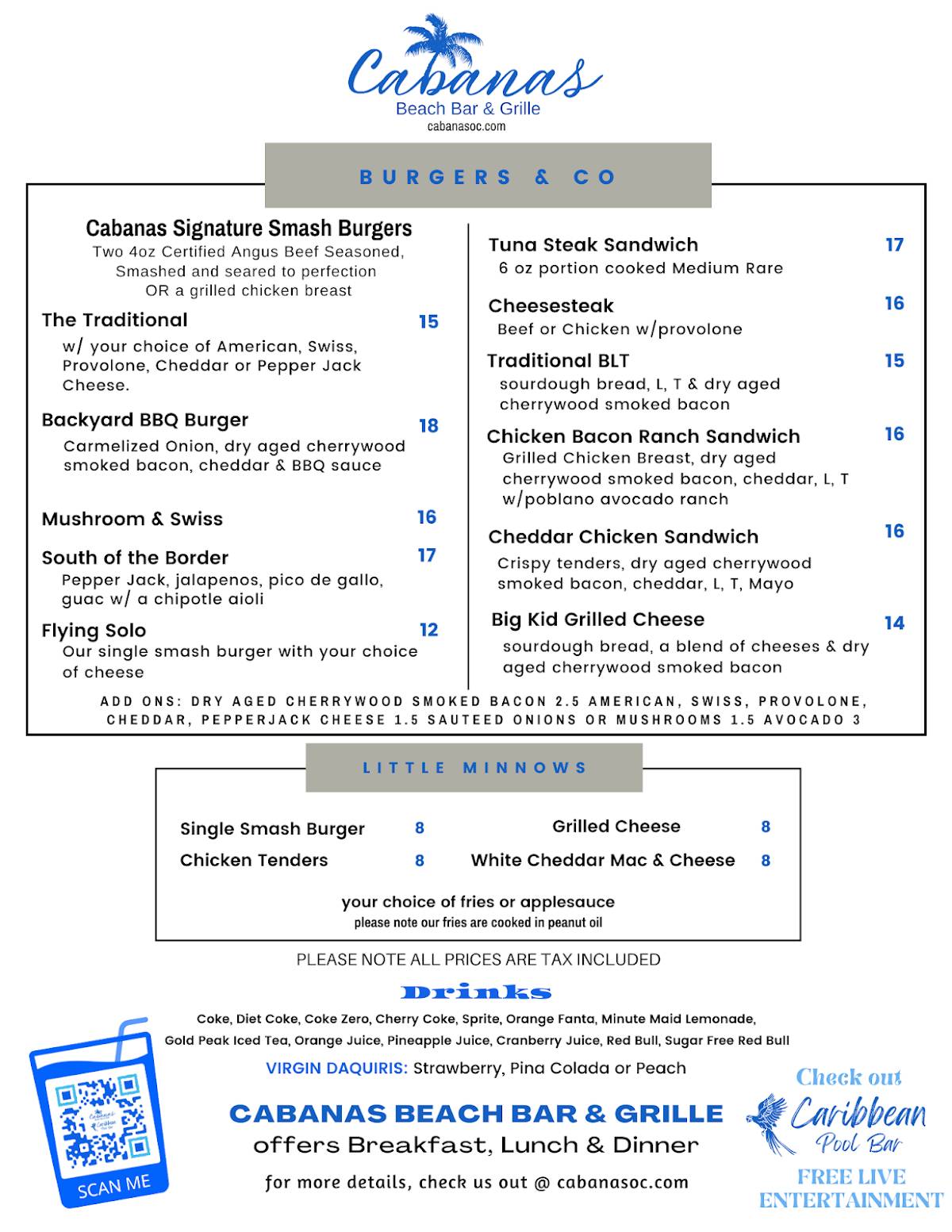 Carta de Cabanas Beach Bar & Grille, Ocean City