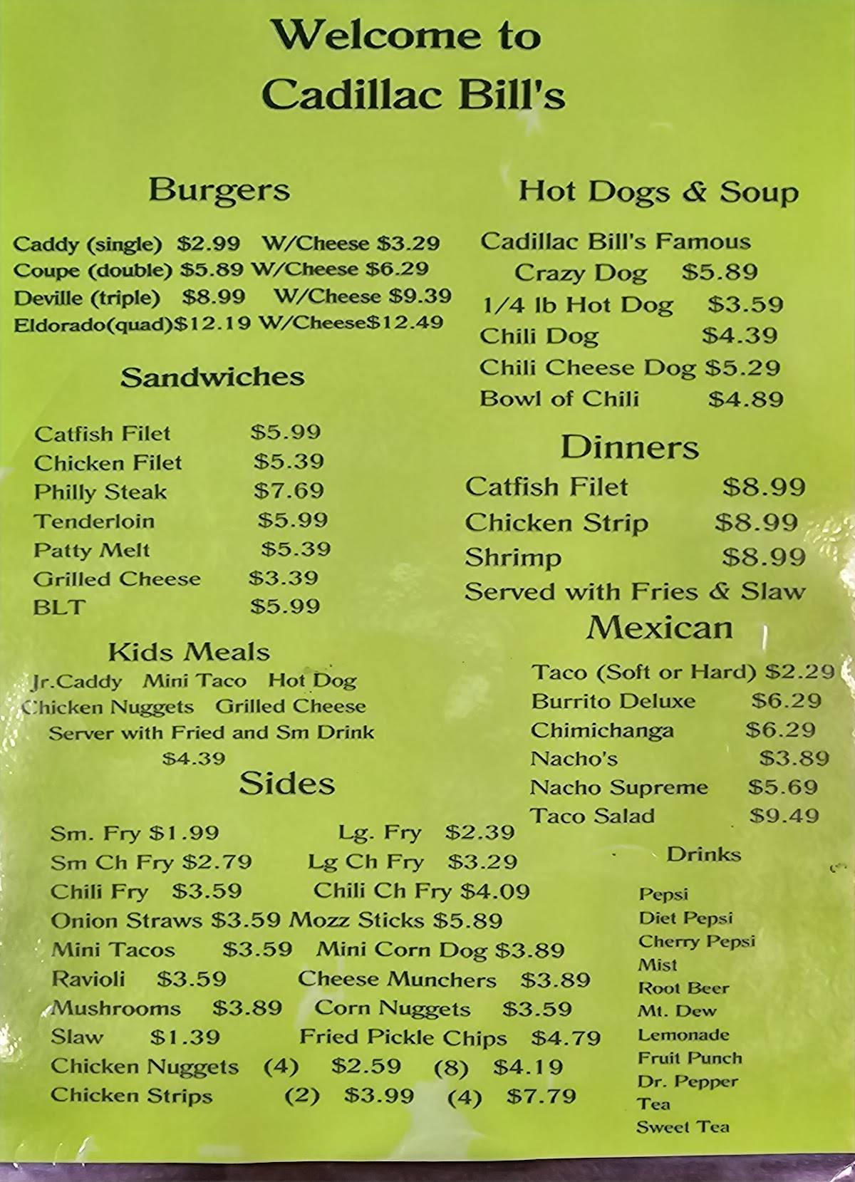 Menu at Cadillac Bill's restaurant, Elsberry