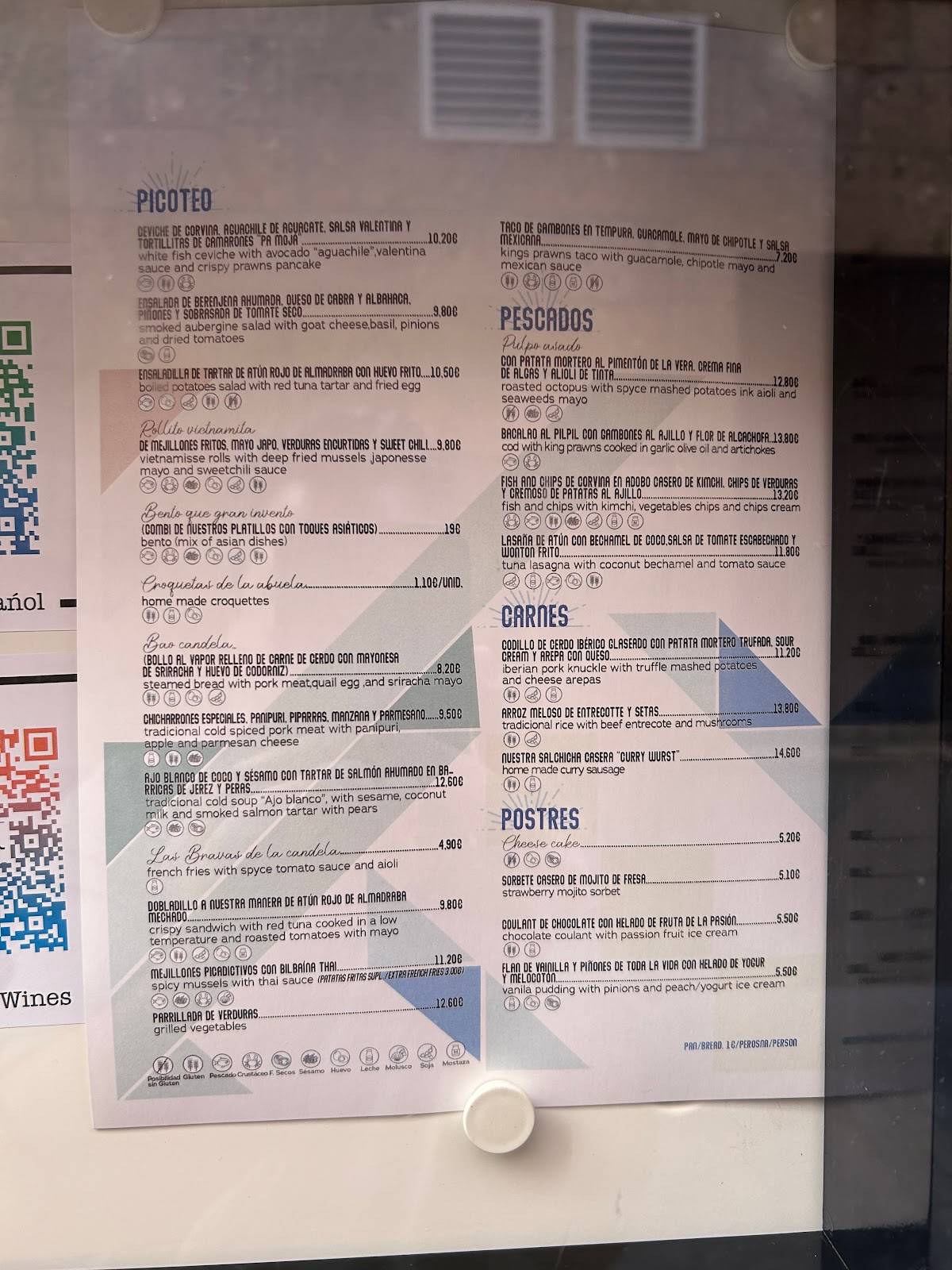 Carta de Restaurante La Candela, Cádiz