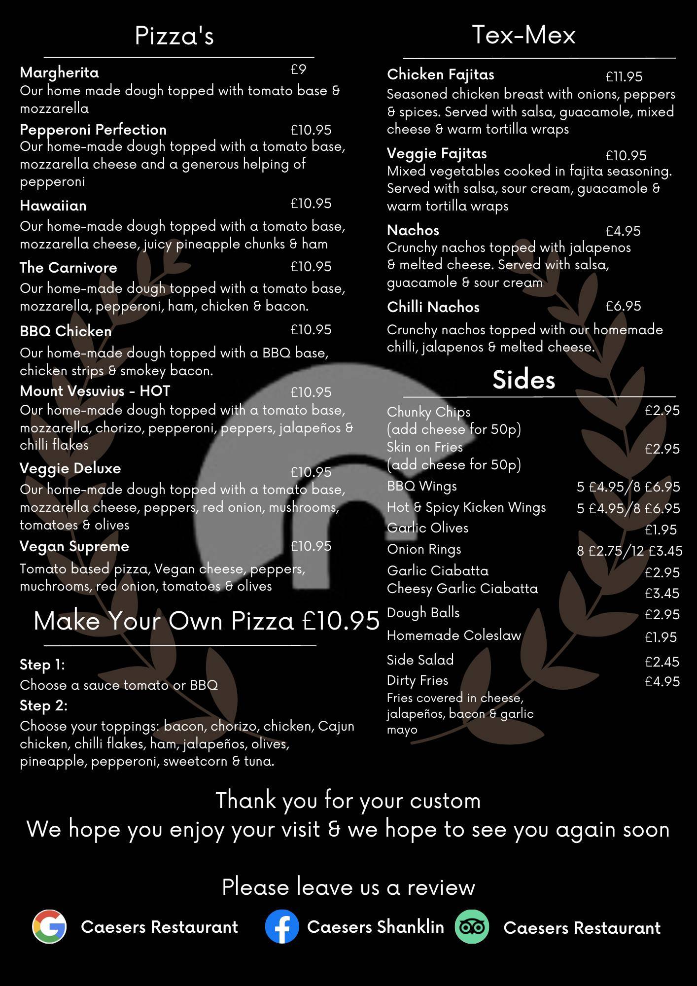 Menu at Caesars Restaurant, Shanklin