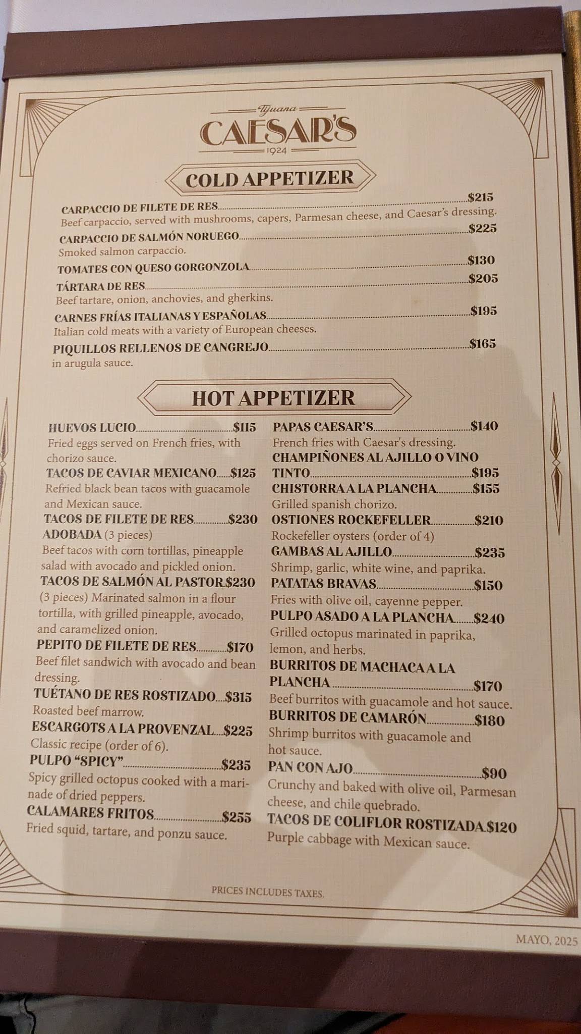 Menu at Caesar's Restaurante Bar, Tijuana, Av. Revolución 8190