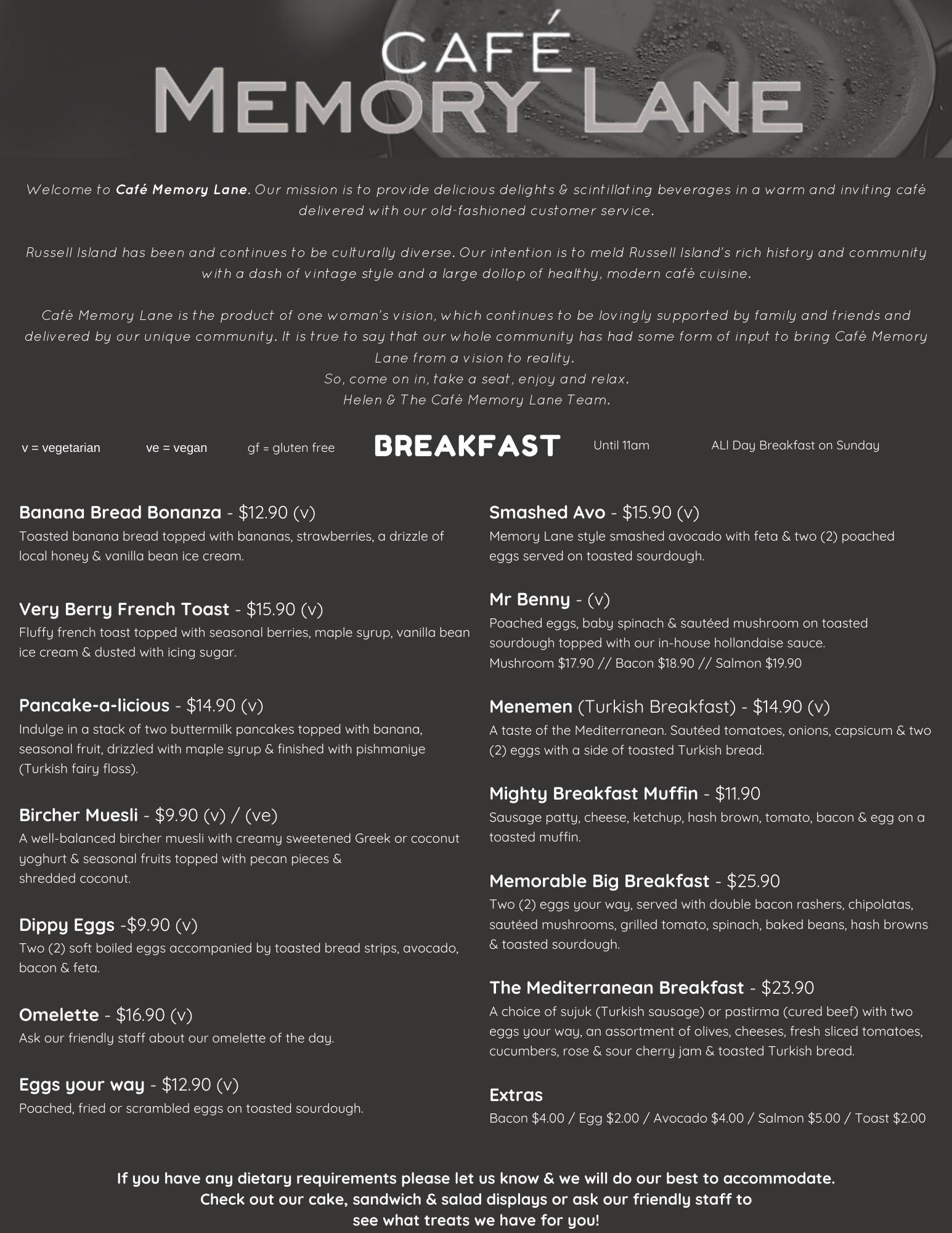 Carta de Cafe Memory Lane, Russell Island