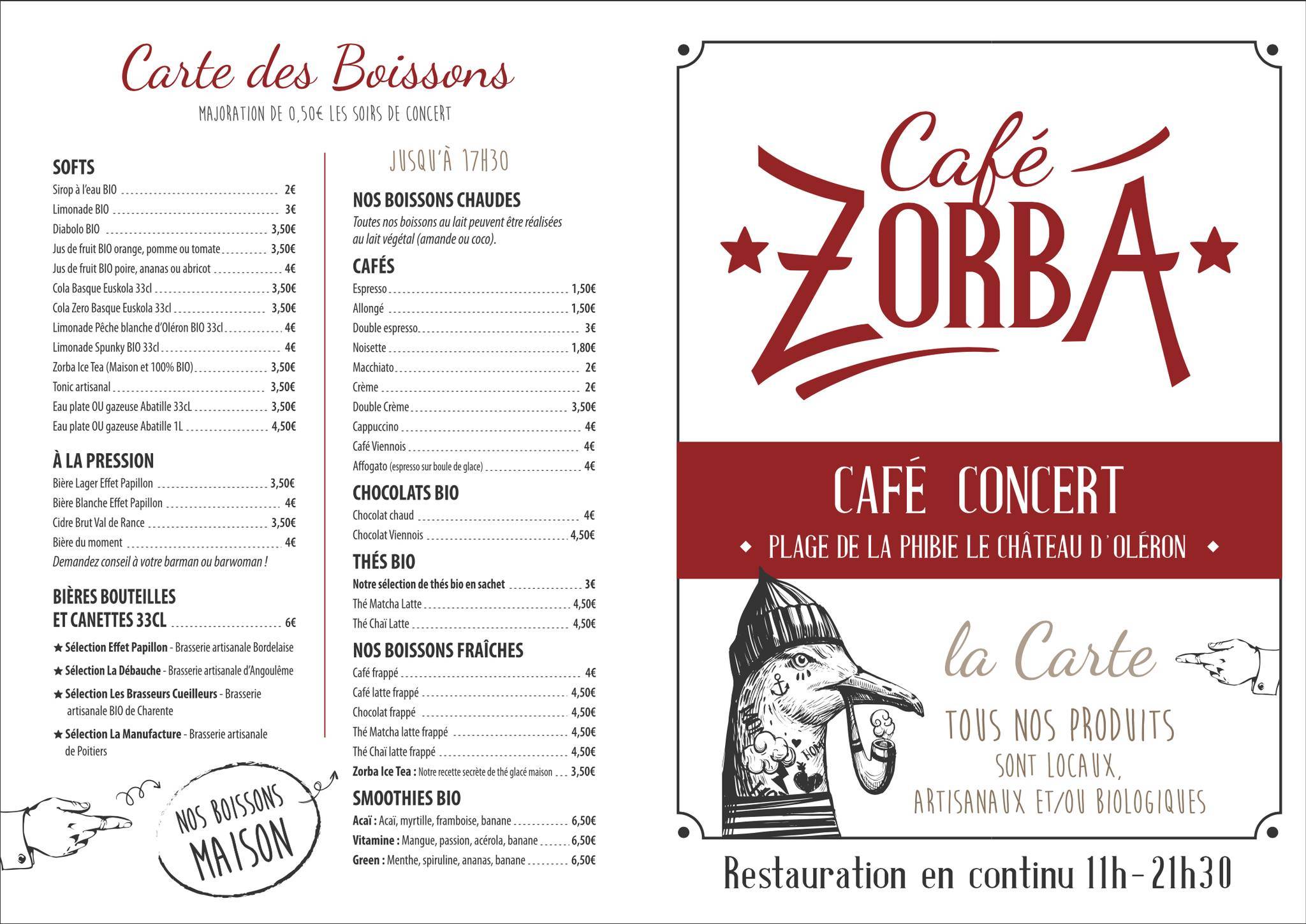 Menu au Café ZORBA, Le Château-d'Oléron