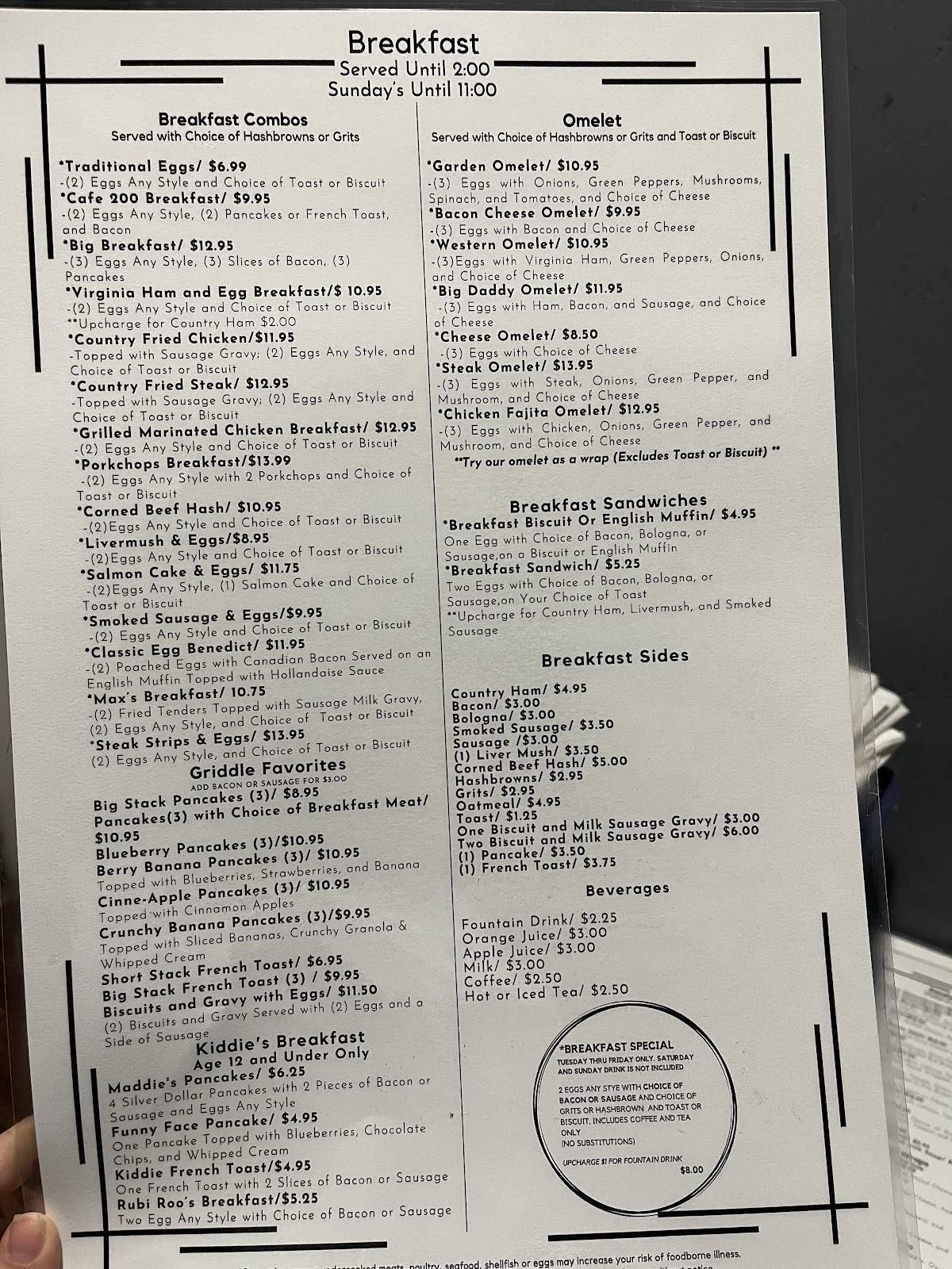 Menu at Cafe 200, Lancaster