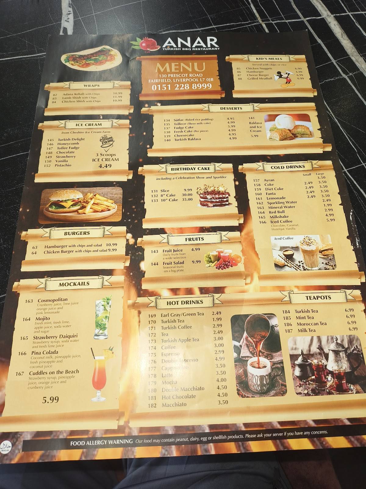 Menu at Anar Turkish BBQ Restaurant, Liverpool