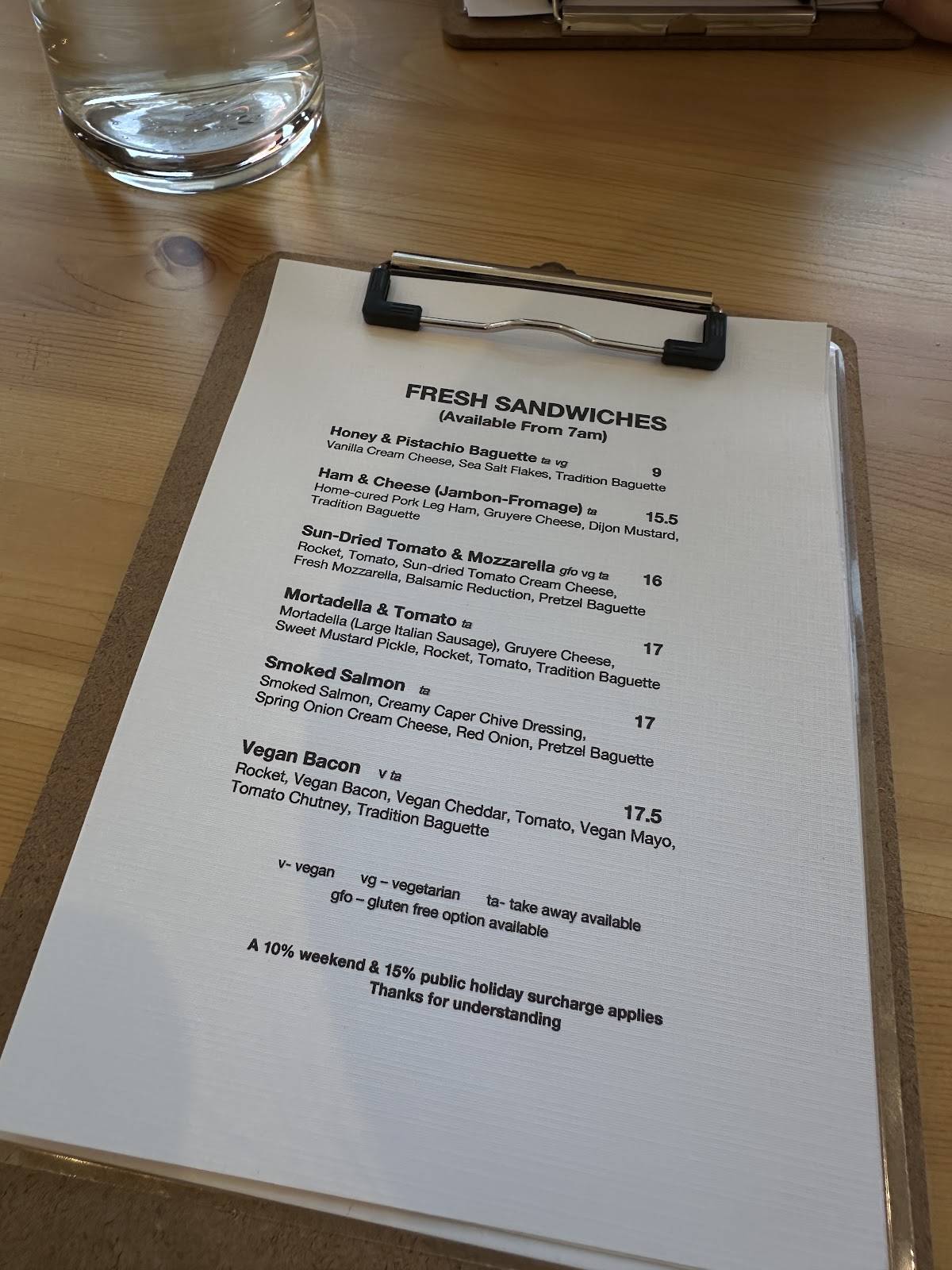 Menu at Baguette Studios cafe, North Melbourne