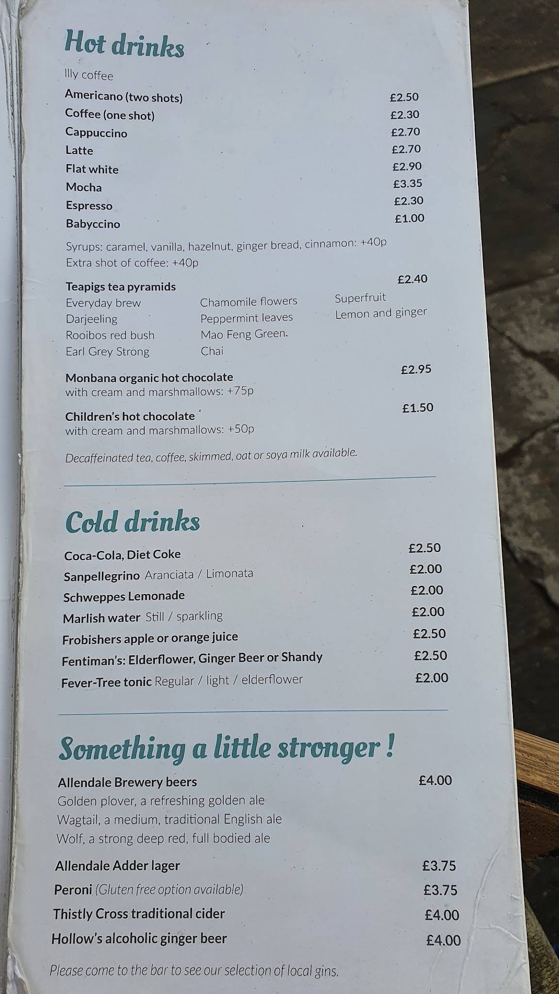 Menu at Bertram's cafe and courtyard, Warkworth
