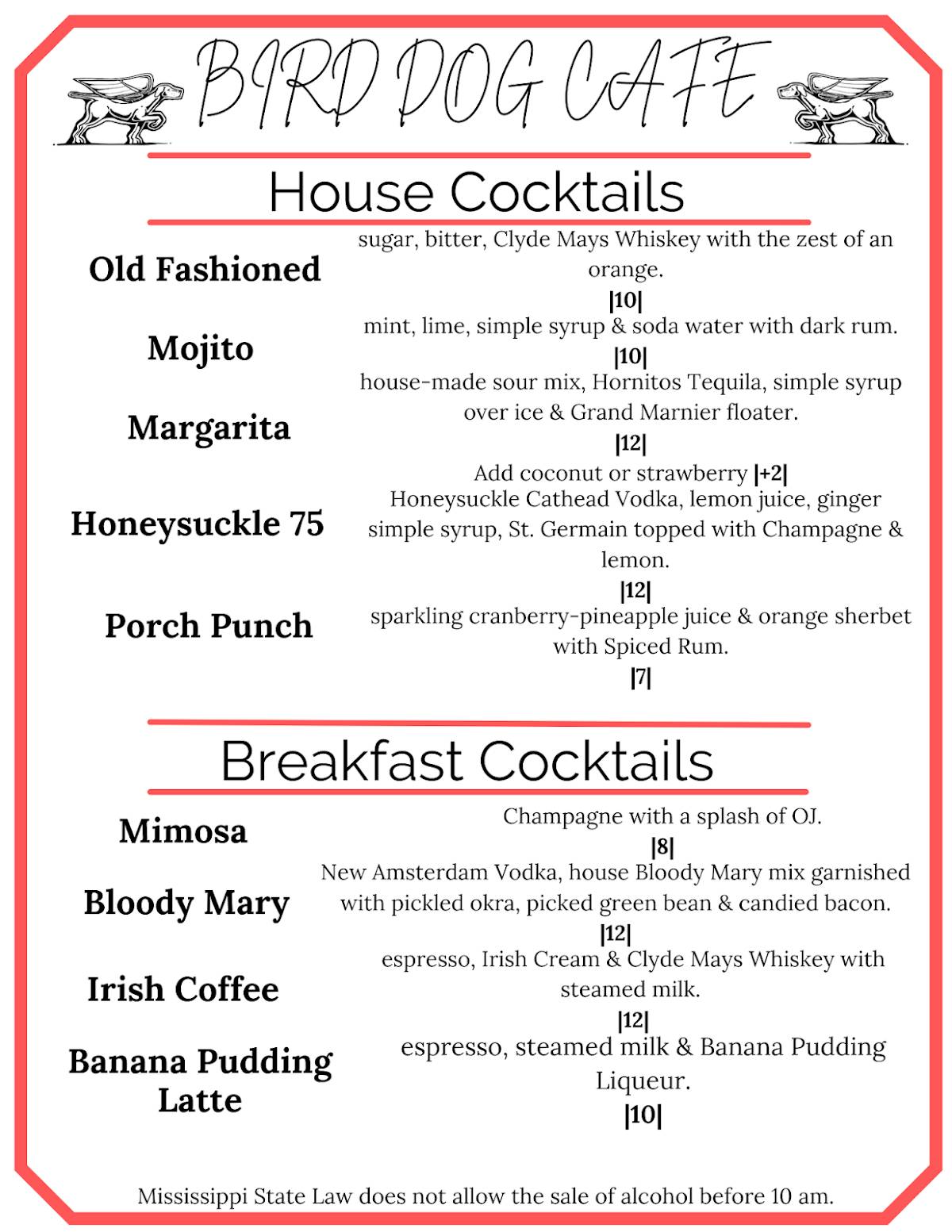 Menu at Bird Dog Cafe, Laurel