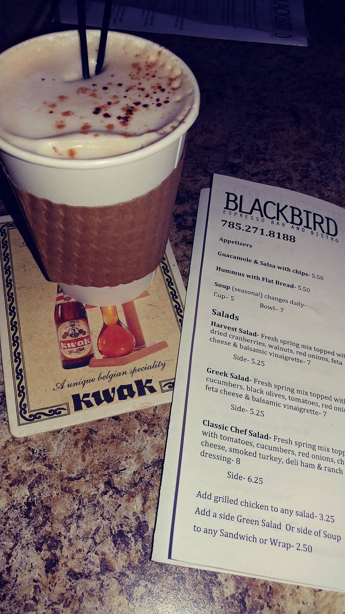 Menu at Blackbird cafe, Topeka