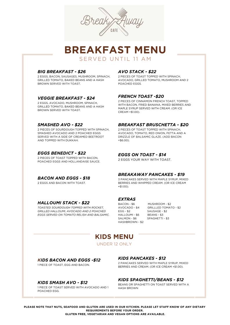 Menu at Break Away Cafe, Esperance