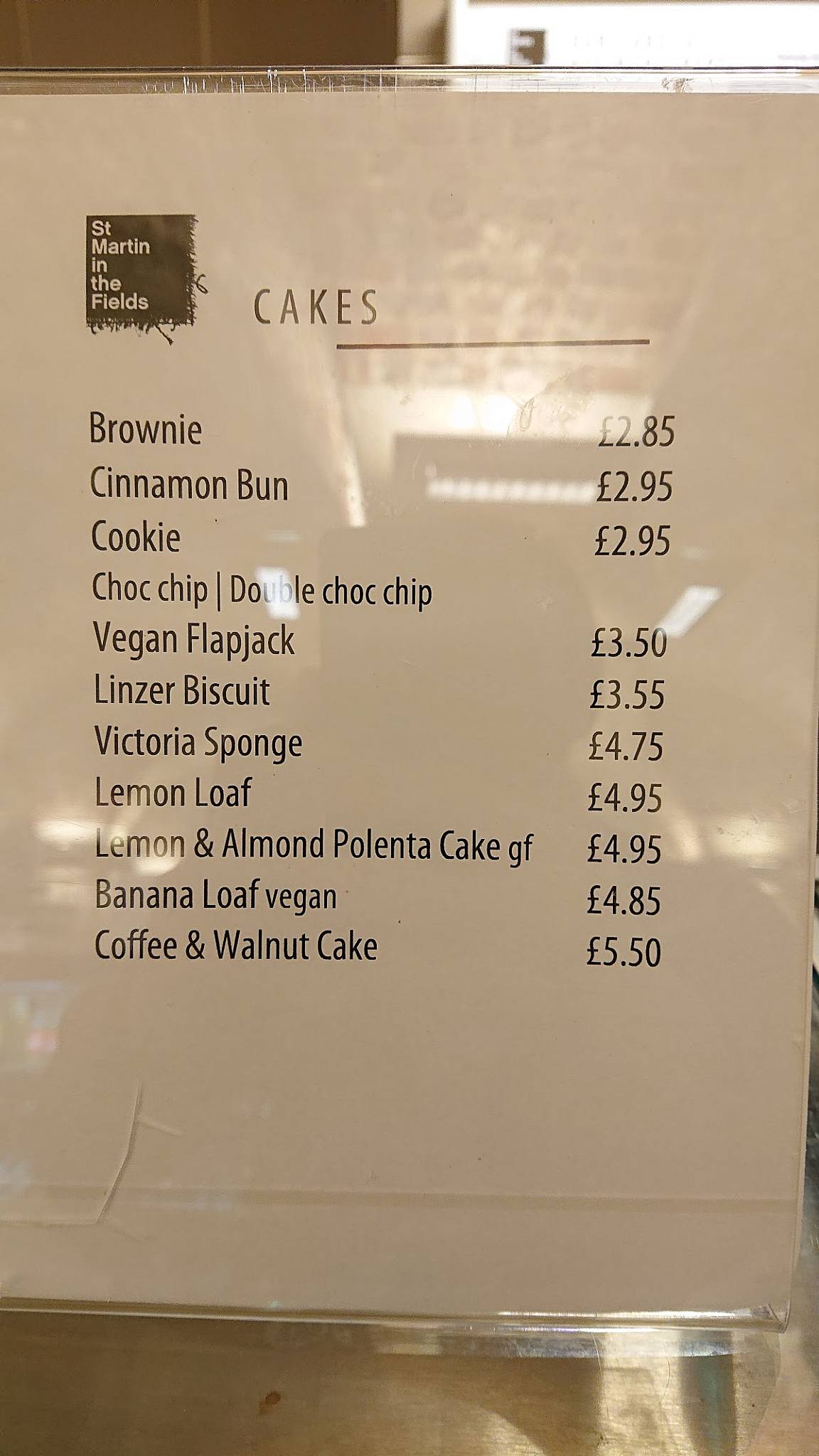 Menu at Café in the Crypt cafe, London, Trafalgar Sq